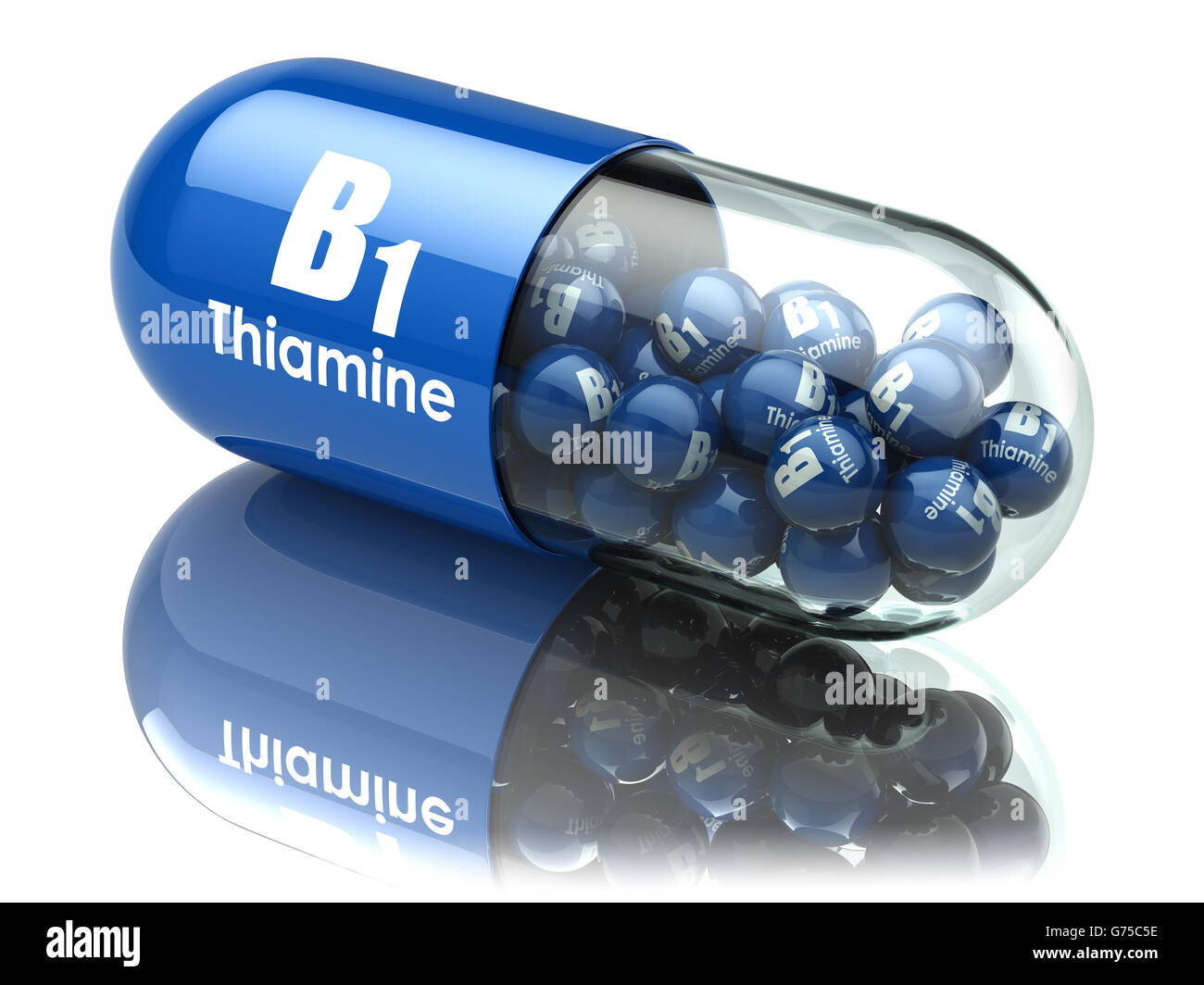 Vitamin B1 capsule. Pill with thiamine. Dietary supplements. 3d ...