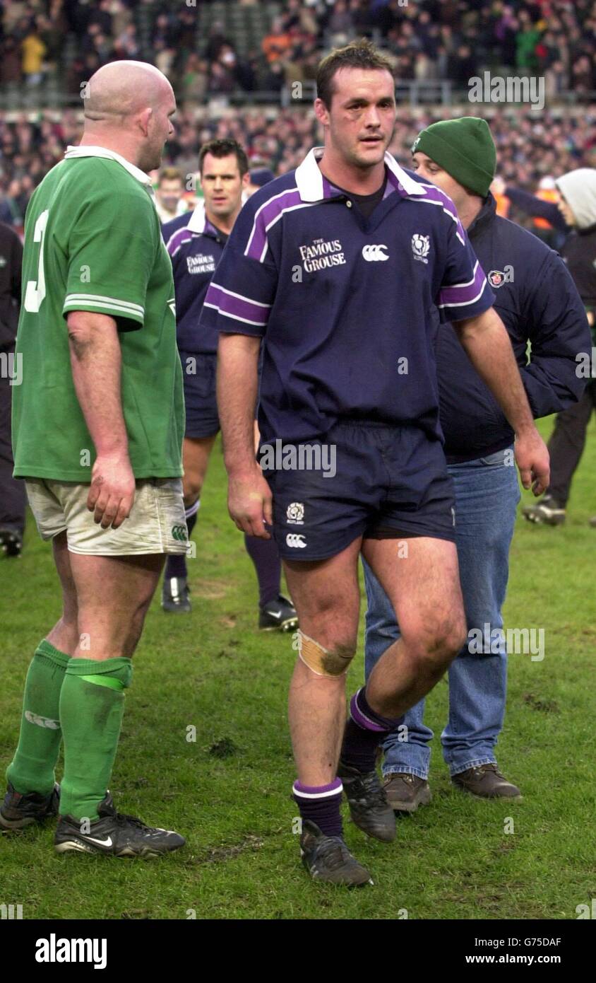 Flanker Martin Donald Leslie leaves the field for Scotland appearing ...