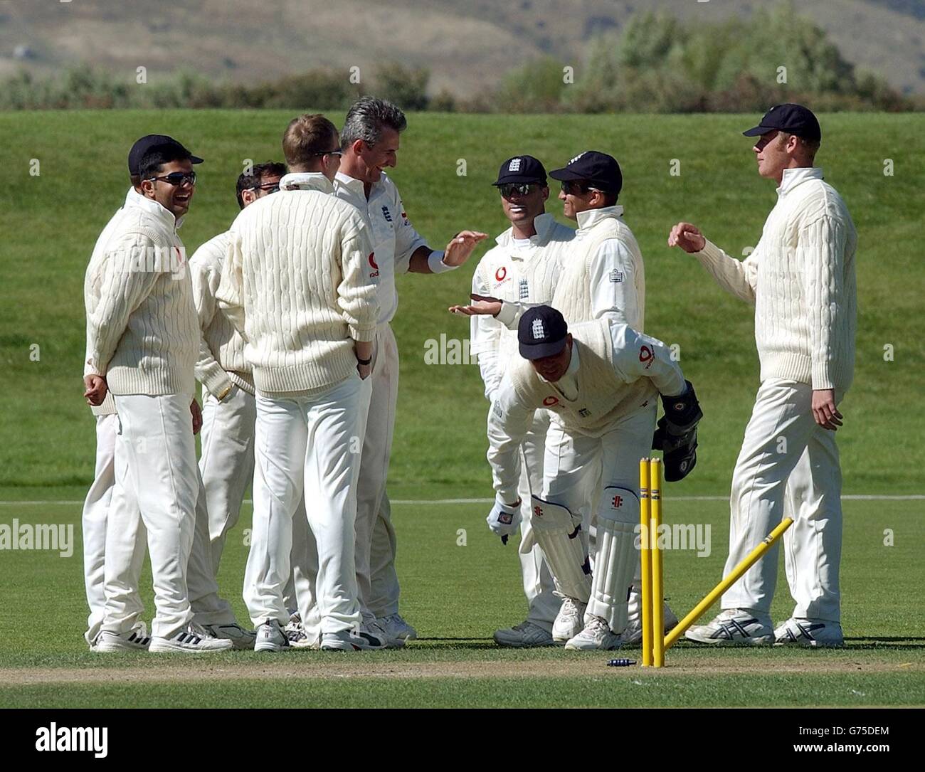 England's Andrew Caddick (5th right) celebrates with teammate Mark ...