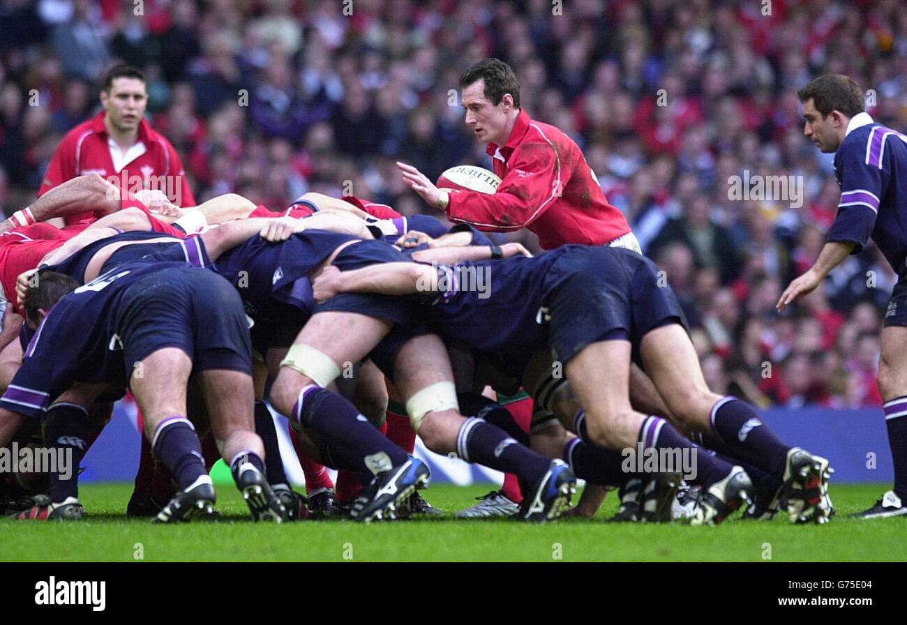 Wales scrum half Rob Howley sets the scrum for the last time in his ...