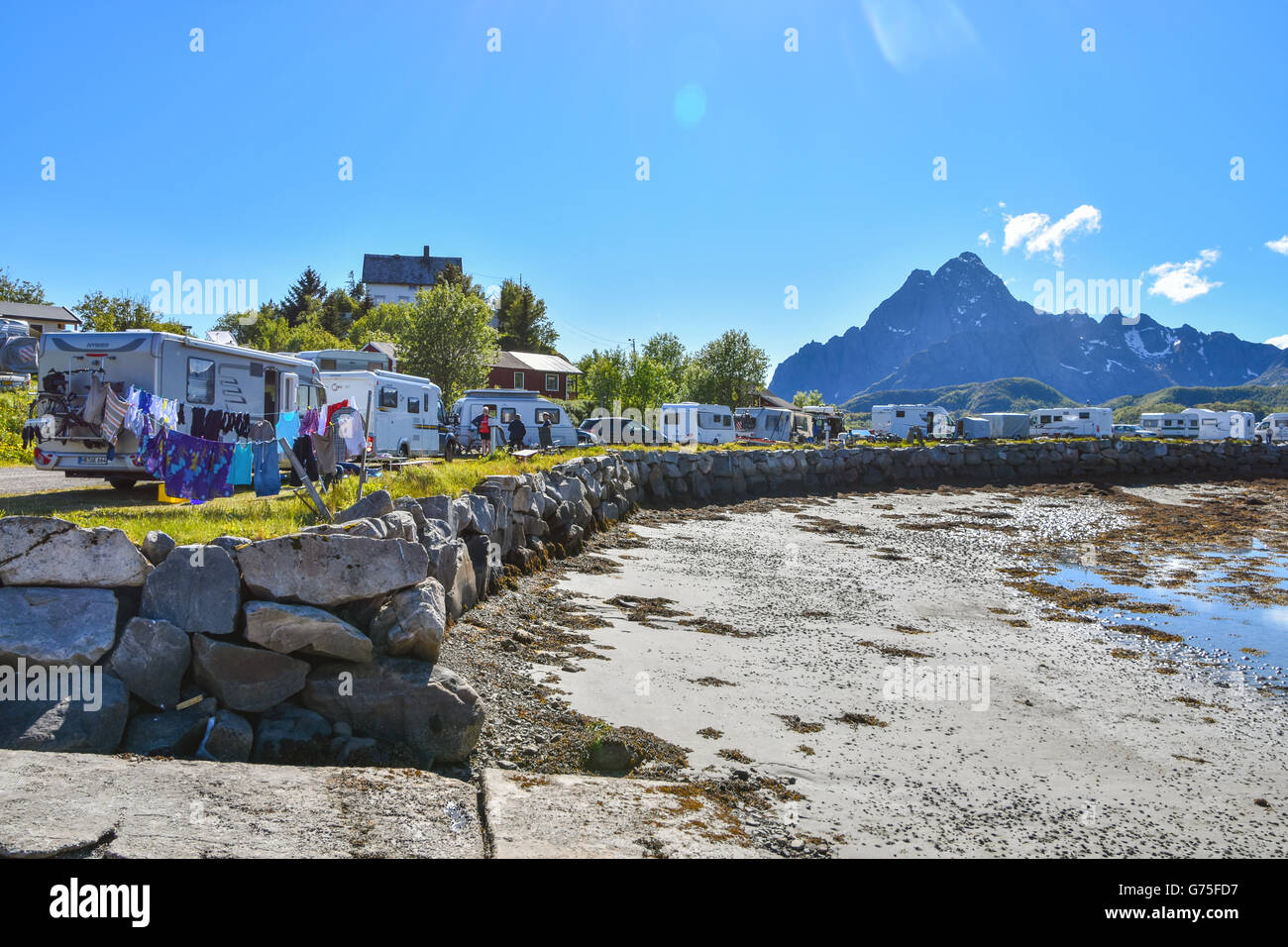 Line of camper wagons Orsvagvaer, Sandvik camping areas, Lofoten ...