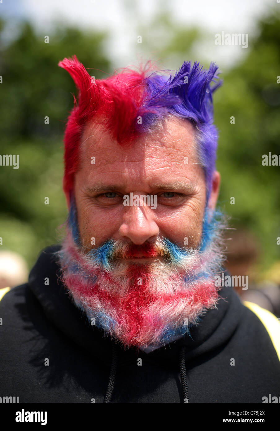 Festivalgoer Lindsay Mellor From Glastonbury with a union jack beard at ...