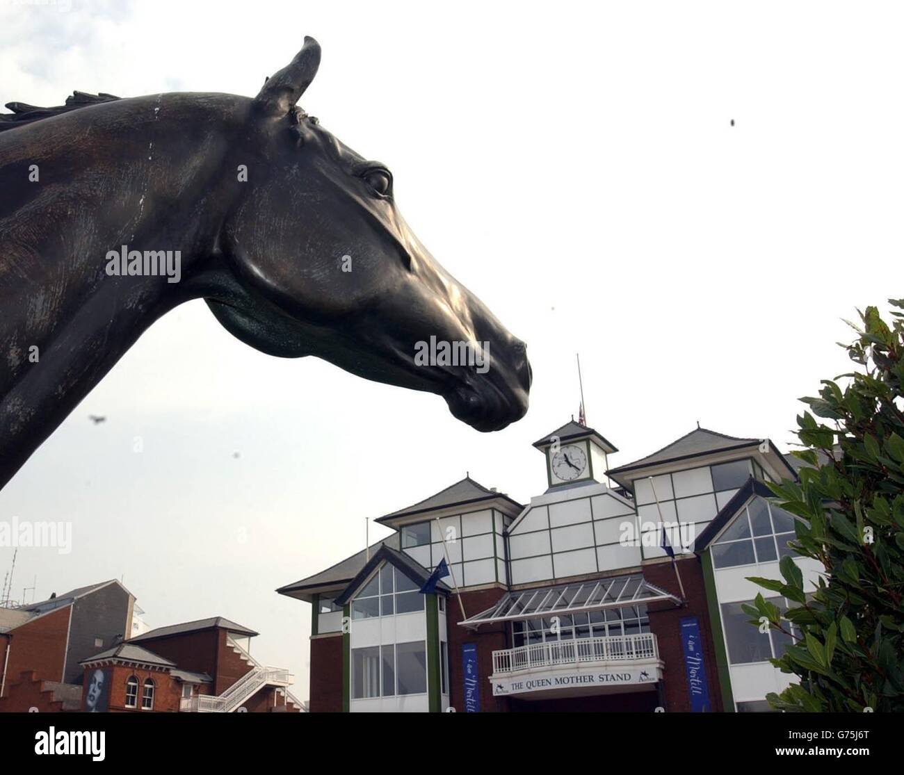 The Queen Mother Stand at Aintree Racecourse, with the union flag flown ...