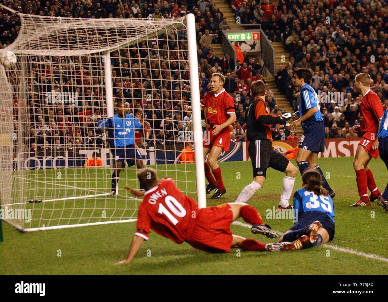 Liverpool's Sami Hypia (number four) opens the scoring during the UEFA ...