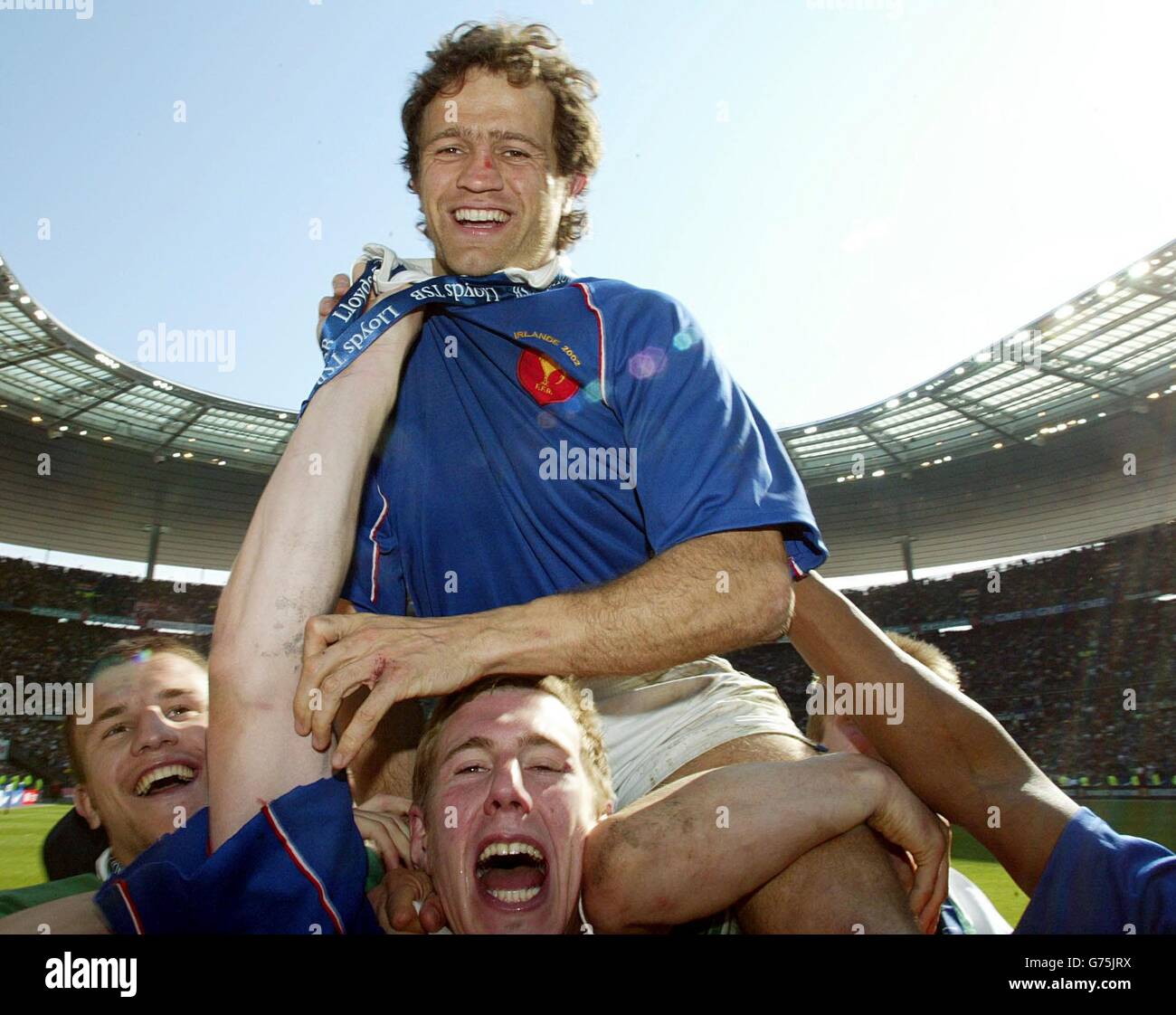 France's captain Fabien Galthie is held aloft by his team-mates after ...