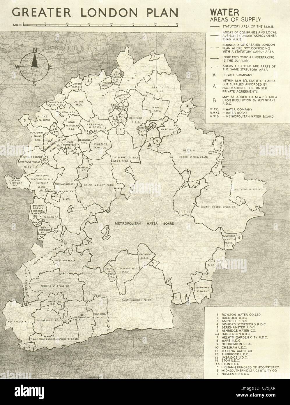 GREATER LONDON PLAN. Water. Areas of supply. ABERCROMBIE, 1944 vintage ...