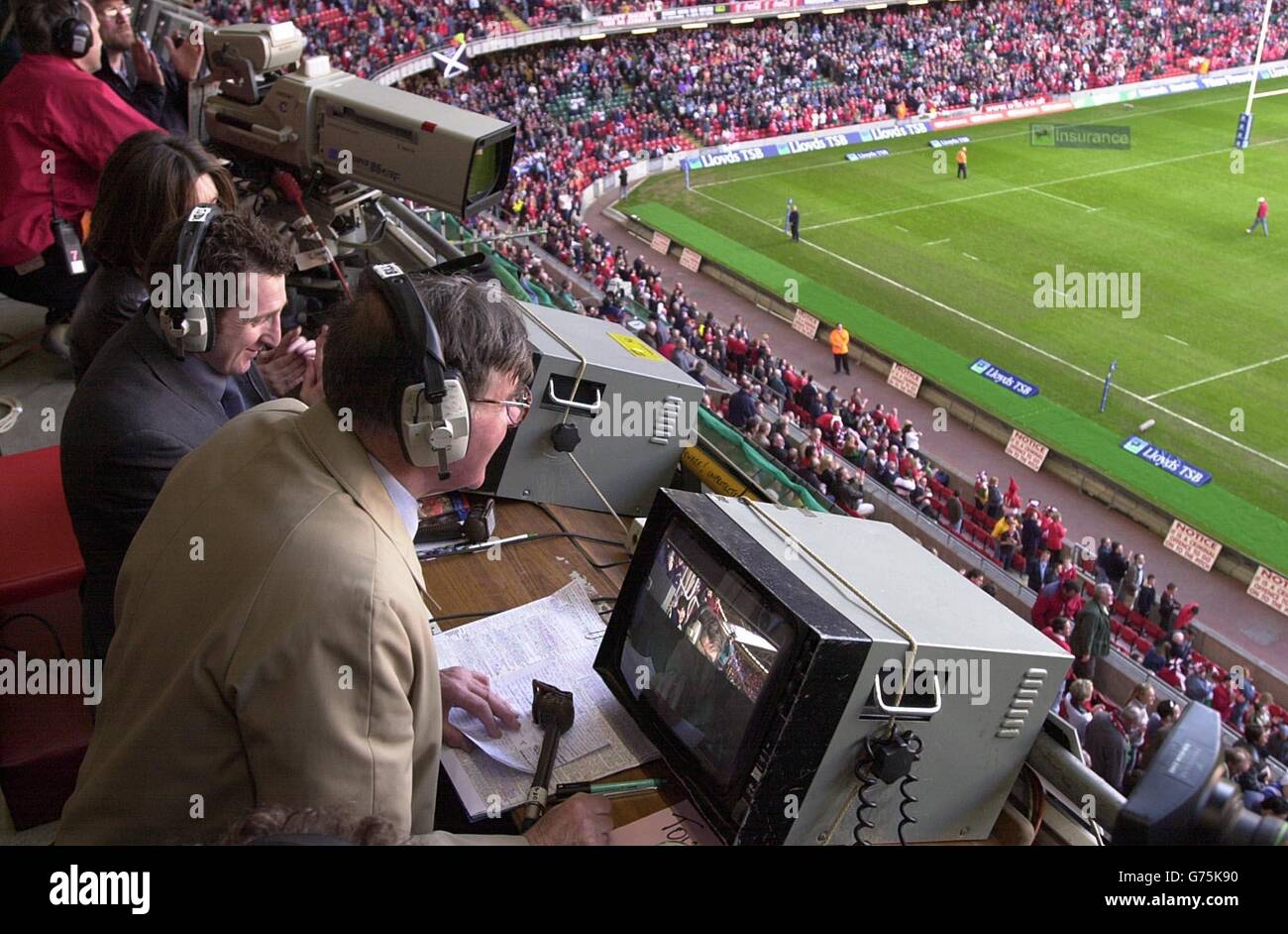 BBC commentator Bill McLaren in his gantry position ready with his ...