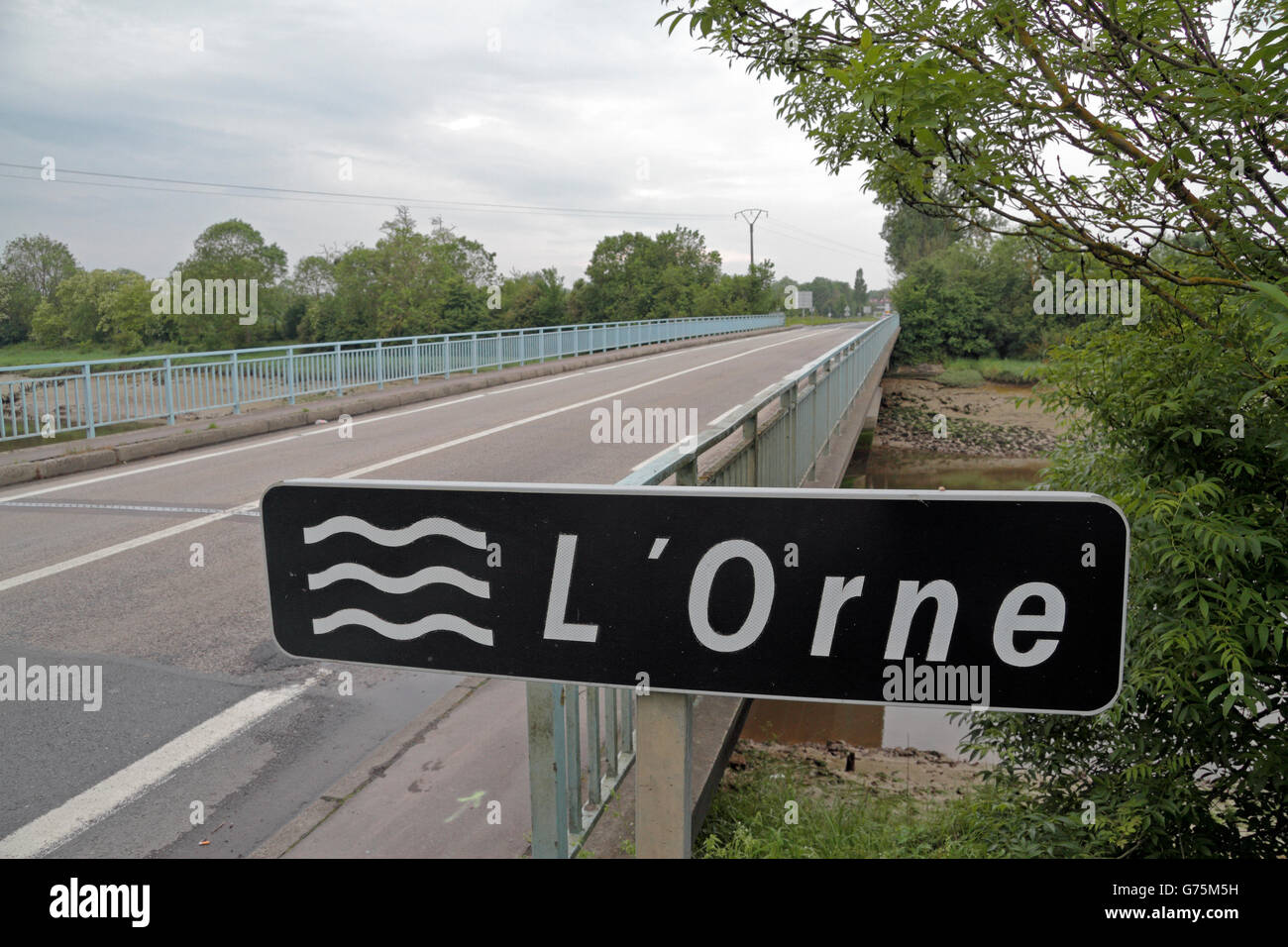Bridge road sign over Orne River in Normandy, France. The Horsa Bridge ...