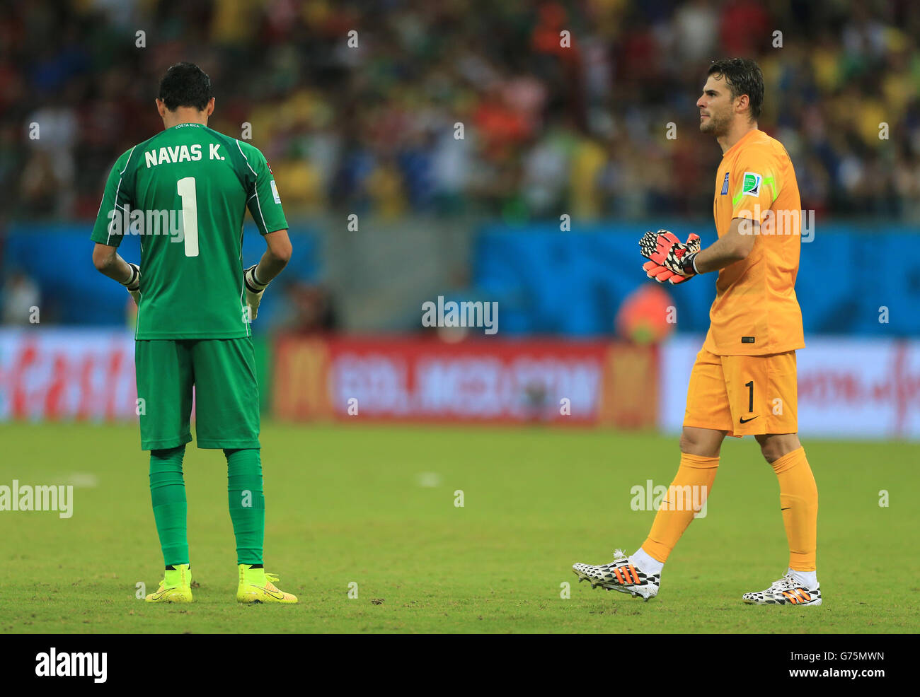Costa Rica goalkeeper Keylor Navas (left) and Greece goalkeeper Orestis ...