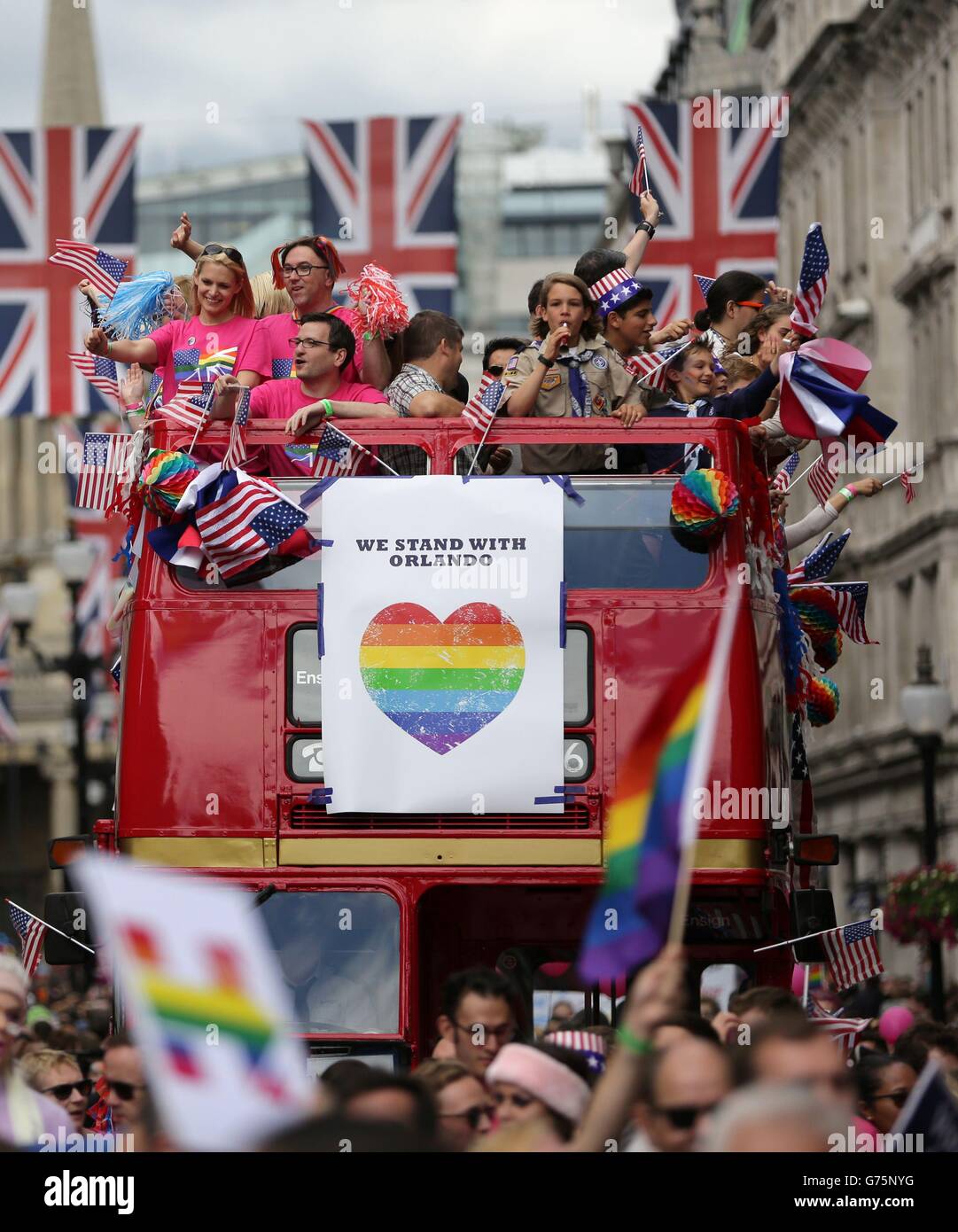 A bus showing a message of solidarity to the US city of Orlando during ...
