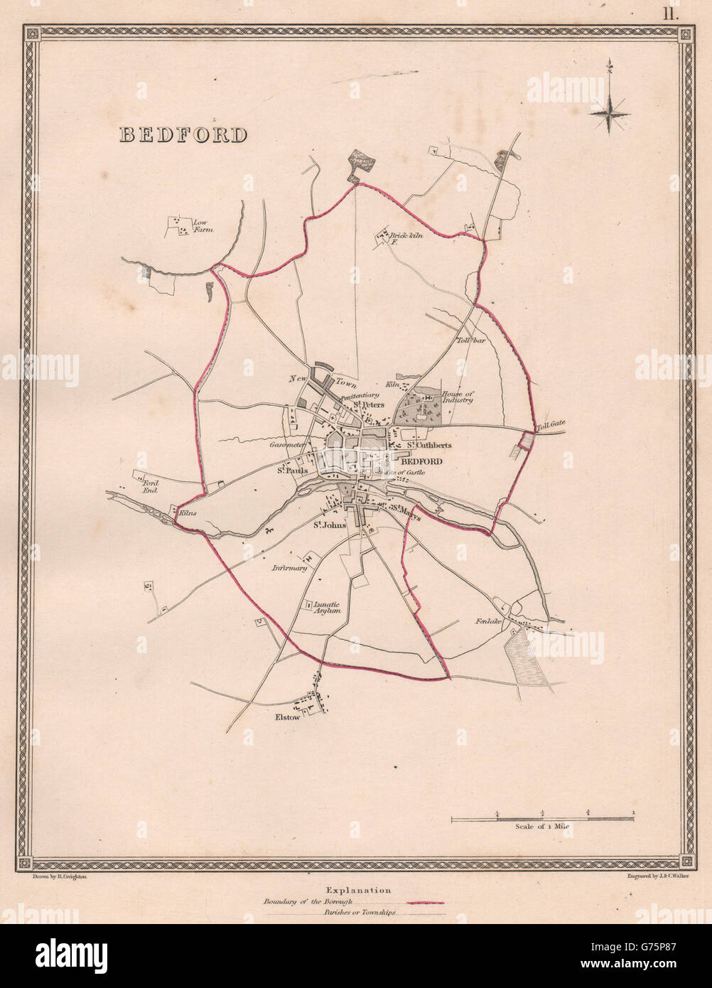 BEDFORD town & borough plan. Bedfordshire. CREIGHTON/WALKER, 1835 ...