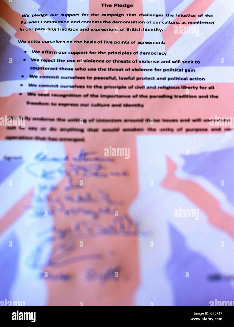 The pledge which was signed by representatives of the Grand Orange ...