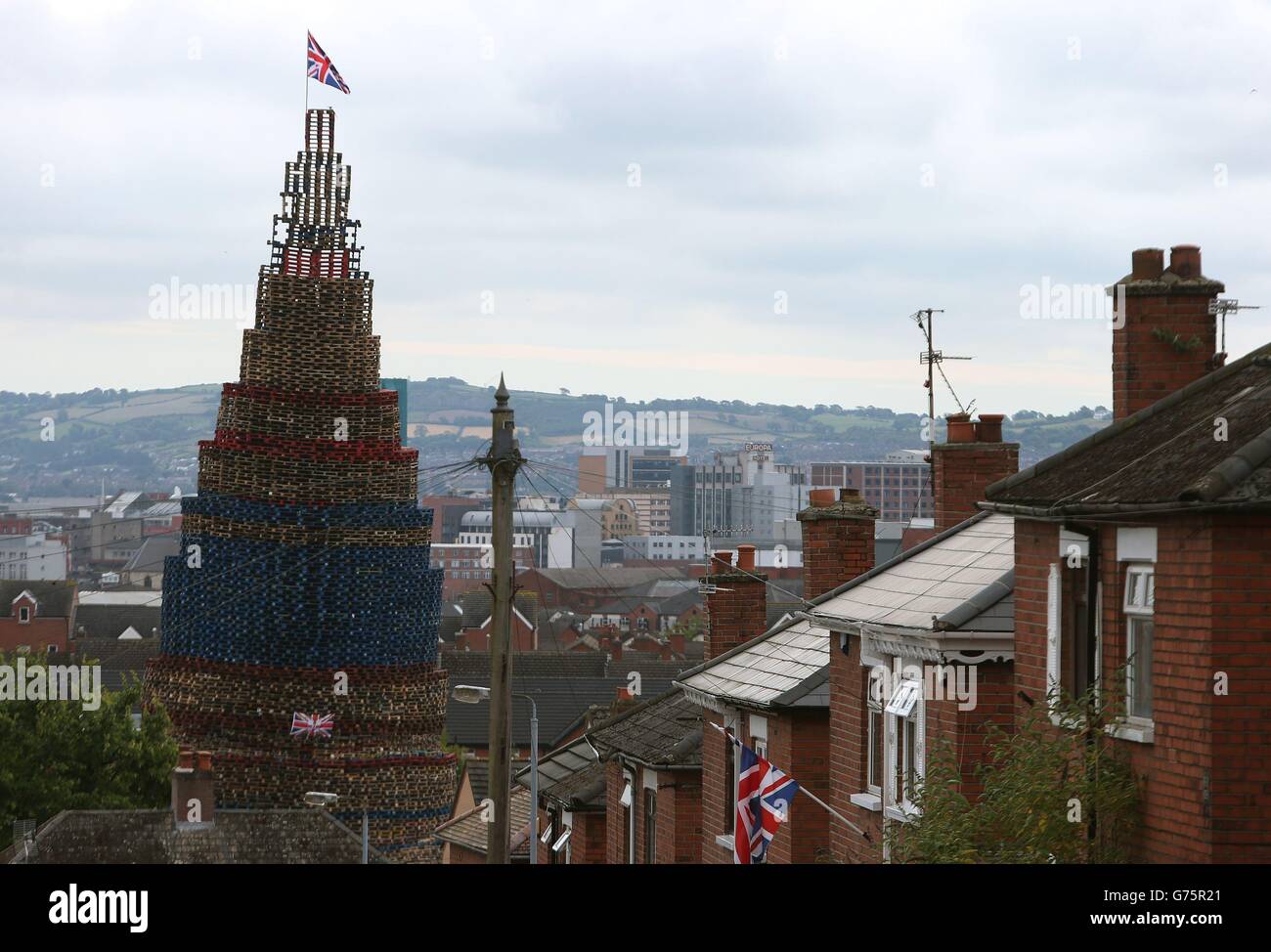 An unlit bonfire at Lanark Way, West Belfast, hundreds of fires will be ...