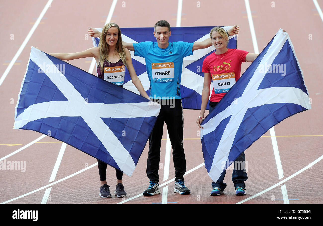 Eilish McColgan (left), Chris O'Hare and Eilidh Child (right), during a ...