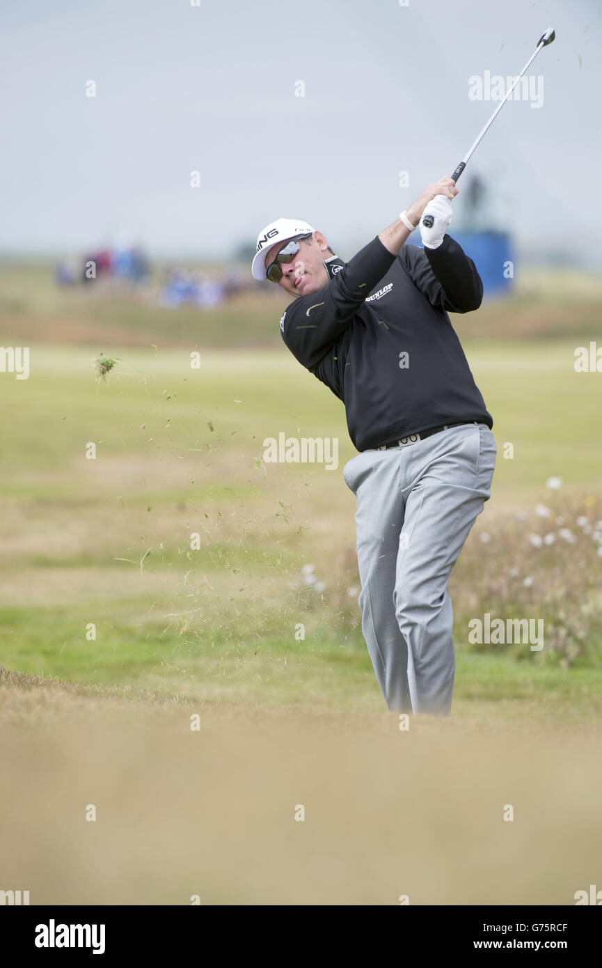 Lee Westwood plays his approach to the 12th fairway during day one of ...