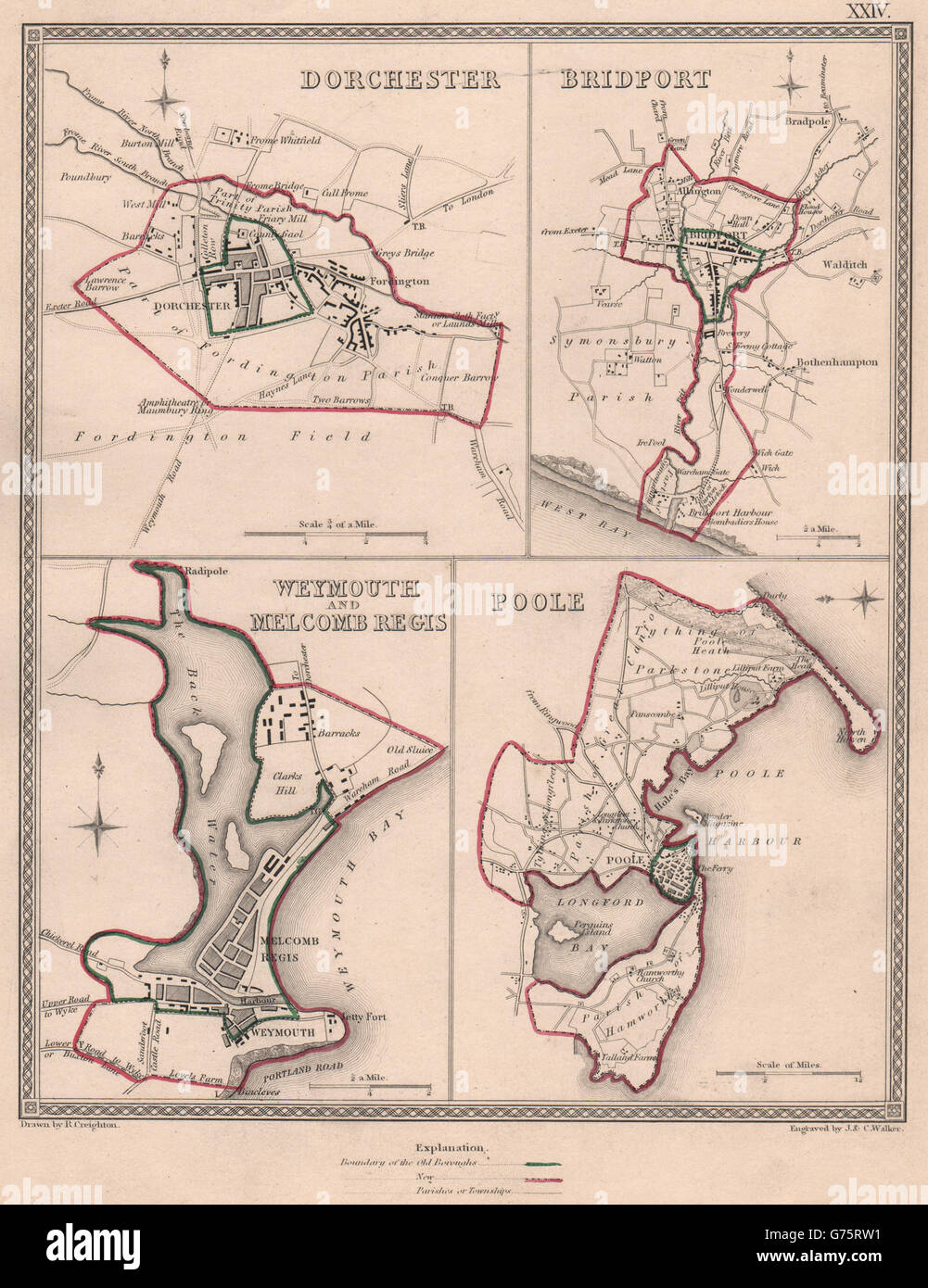 DORSET TOWNS. Dorchester Bridport Weymouth Melcombe Regis Poole plans ...