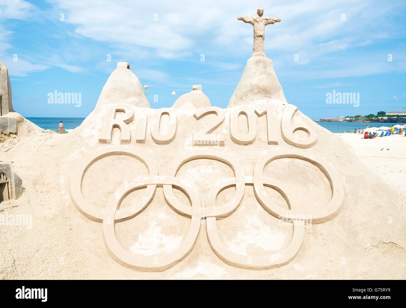 RIO DE JANEIRO - APRIL 4, 2016: Rio 2016 message made from sand with ...