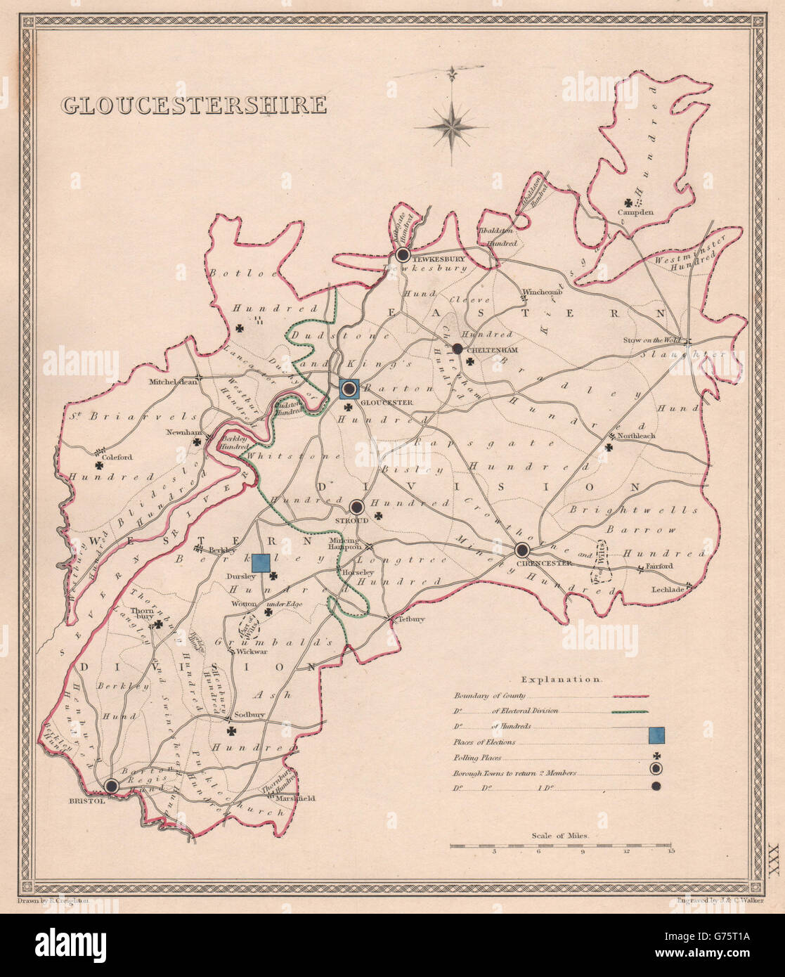 GLOUCESTERSHIRE antique county map by CREIGHTON/WALKER. Electoral, 1835 ...
