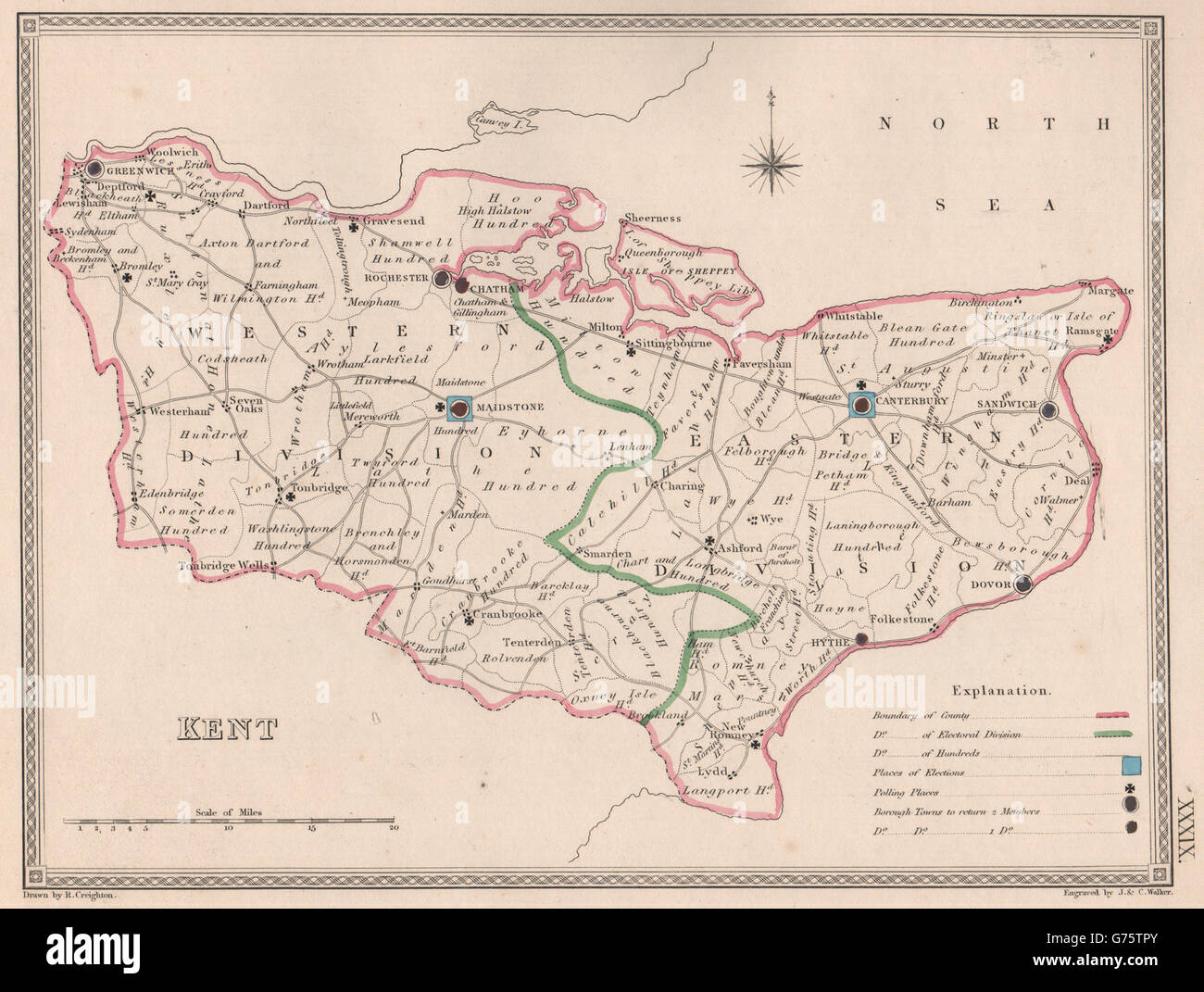 KENT antique county map by CREIGHTON/WALKER. Electoral, 1835 Stock ...