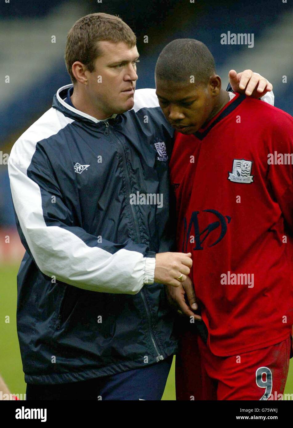 Southend's manager Rob Newman congratulating his star Tesfaye Bramble ...
