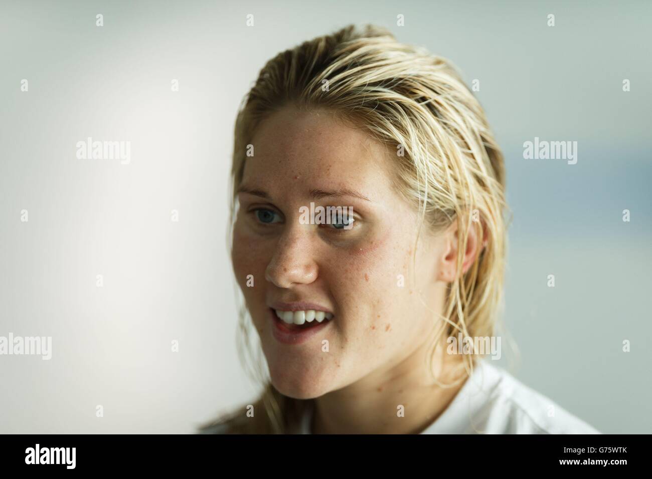 Wales' Jemma Lowe during a media session at the London Aquatics Centre ...