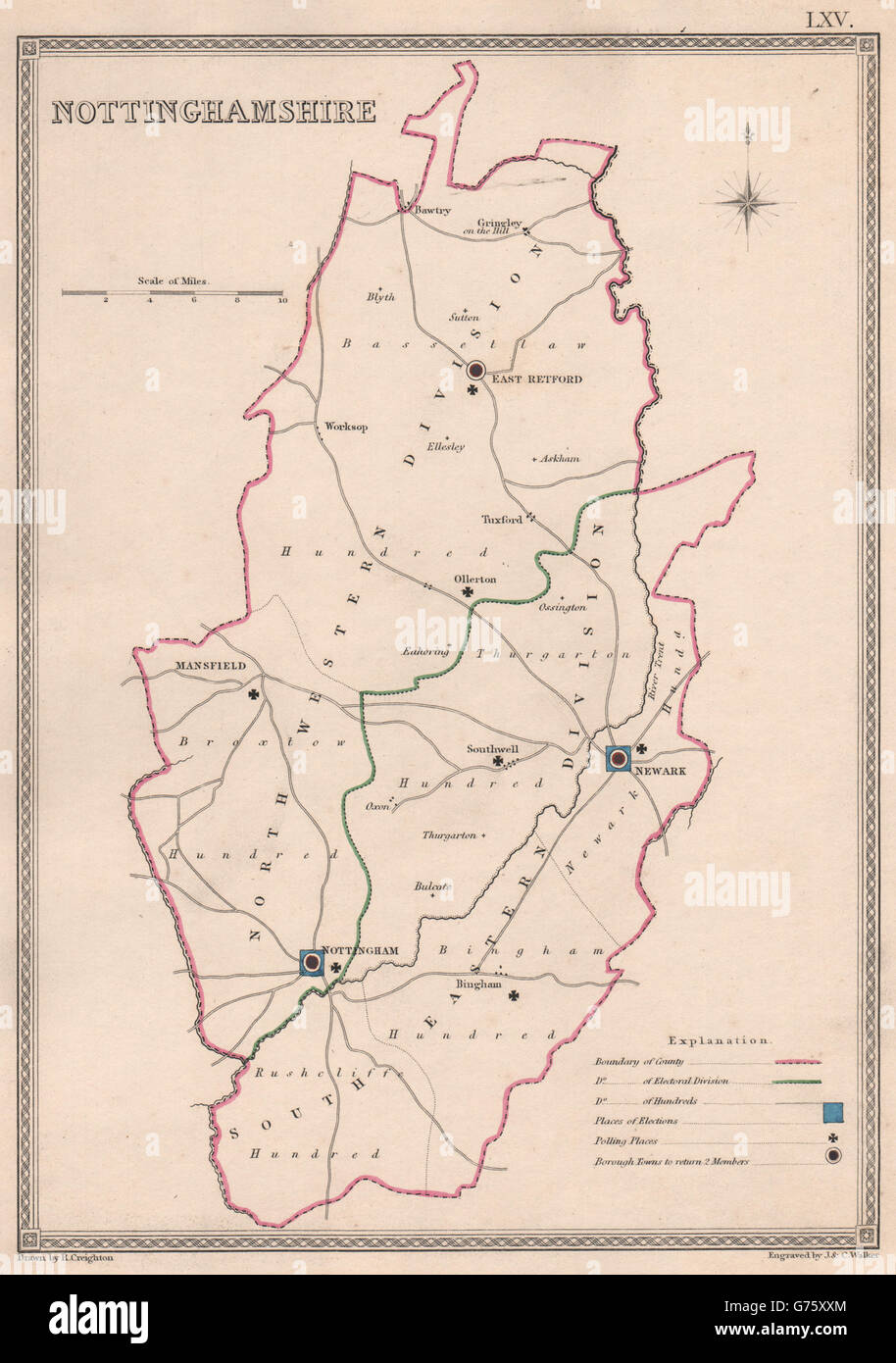NOTTINGHAMSHIRE antique county map by CREIGHTON/WALKER. Electoral, 1835 ...