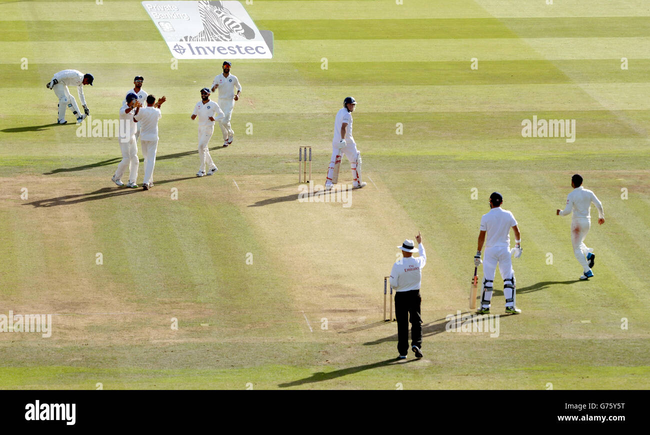 England's Gary Ballance leaves the field after being caught behind by ...