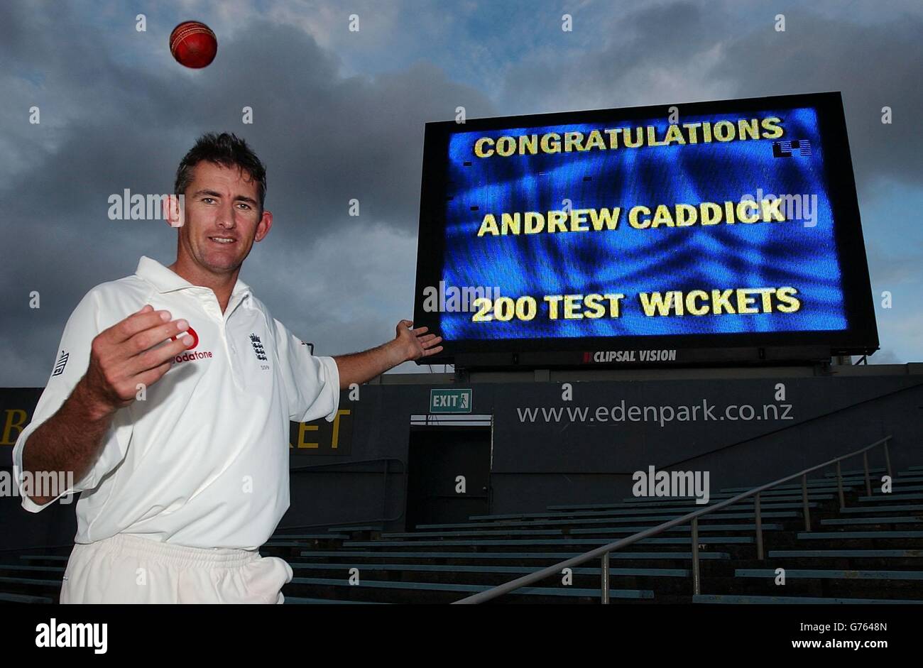 England's Andrew Caddick under the scoreboard at Eden Park, Auckland ...