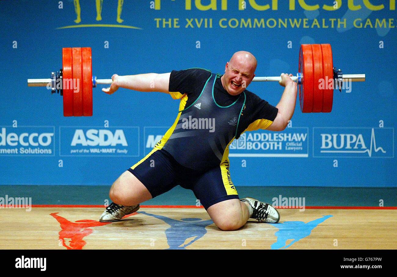 Australia's Chris Rae drops the bar during the men's 105kg ...