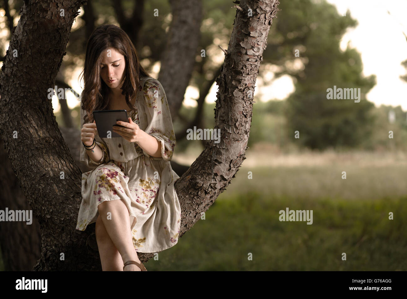 Girl sitting on branch of tree hi-res stock photography and images - Alamy