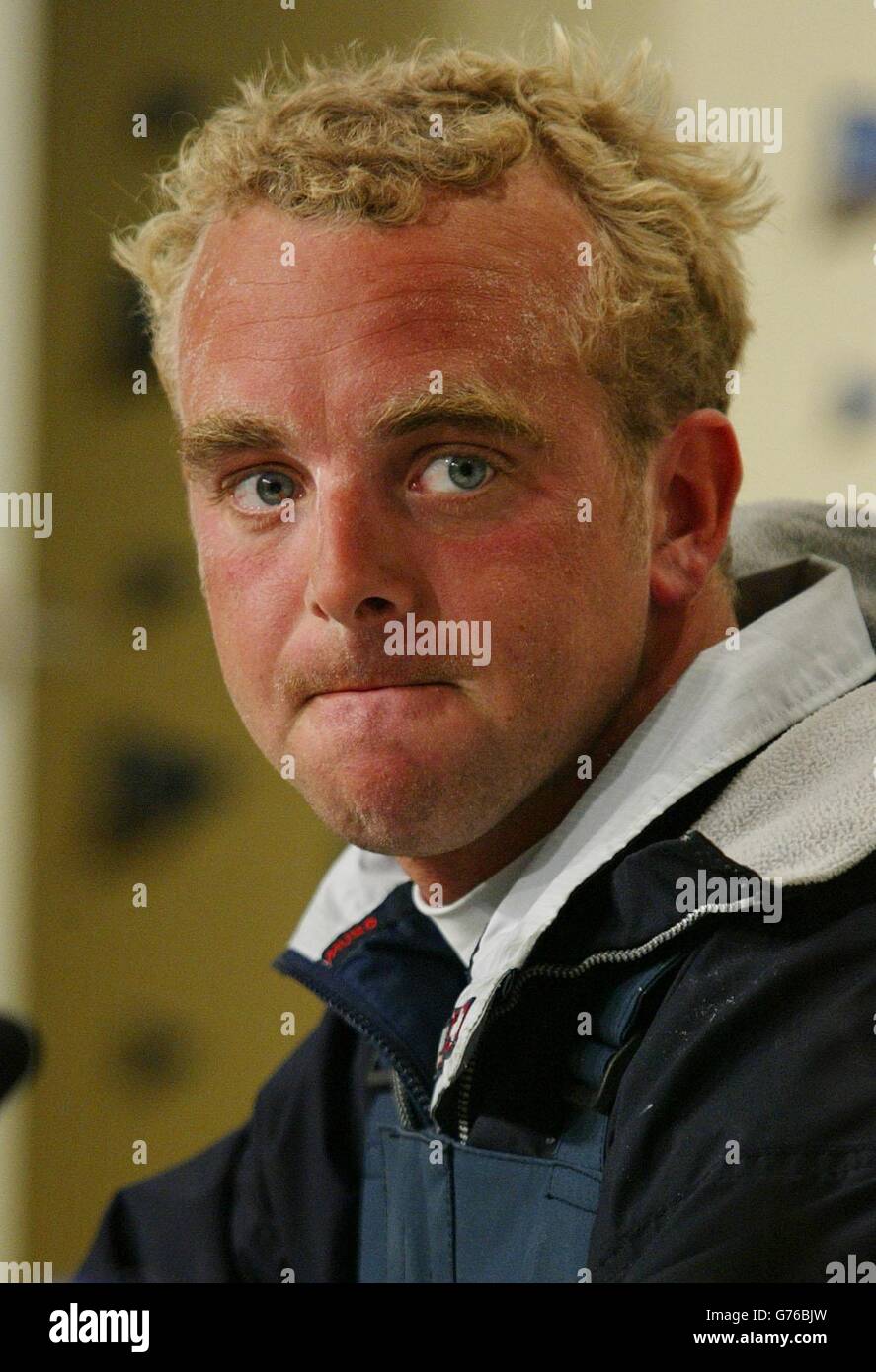 Team GBR's helmsman Andy Green speaks to the media after his yacht ...