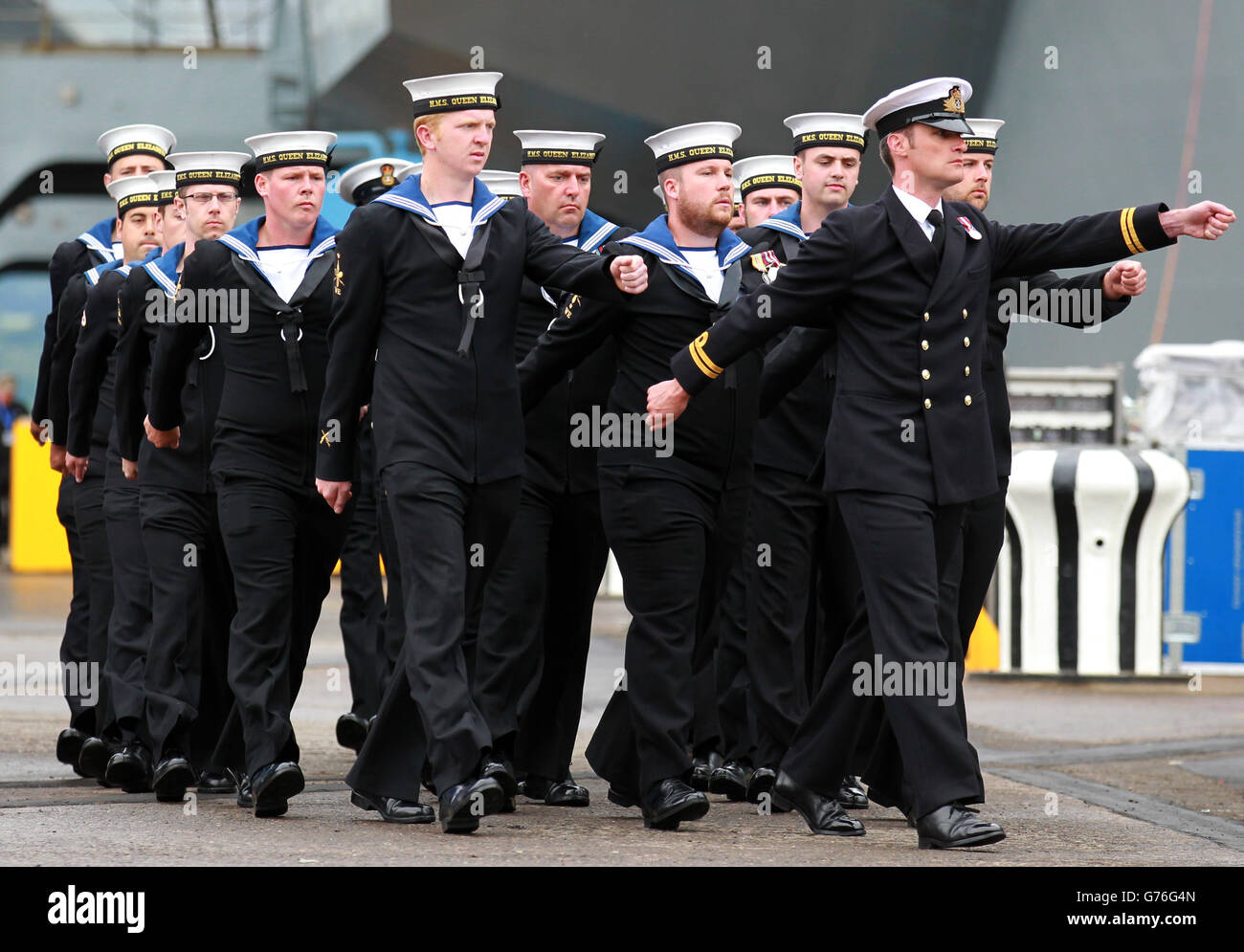 The crew of HMS Queen Elizabeth at the formal naming ceremony for ship ...