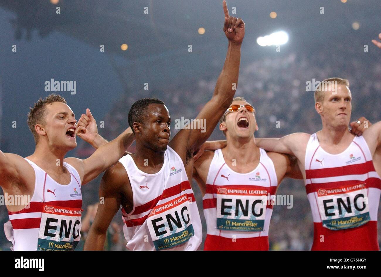England's 4x400 metre relay team celebrate winning Gold at the ...