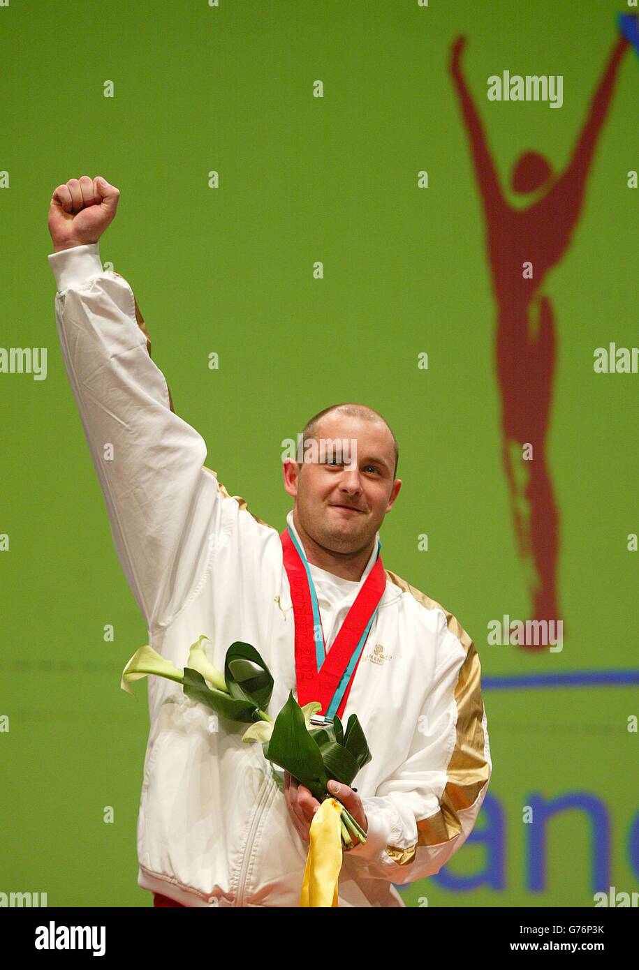 Englands Anthony Arthur with his 3 Medals, Silver in the Snatch, Bronze ...