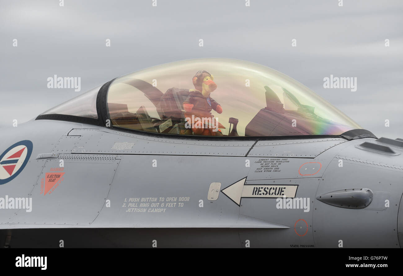 A cuddly toy sits in the cockpit of an F-16 Falcon during The Royal ...