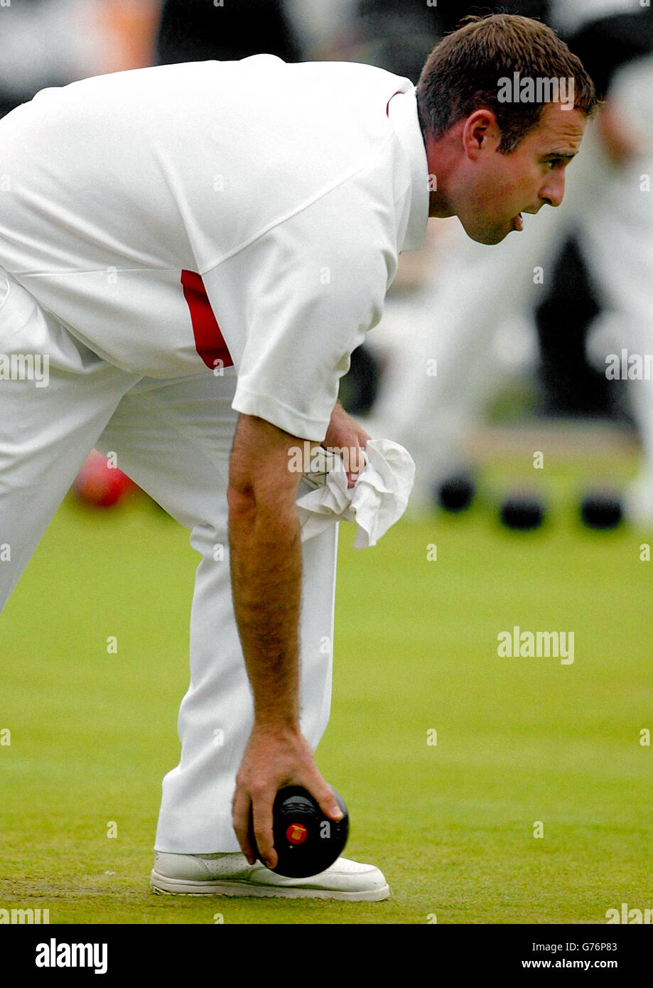 English bowler Stephen Farish in action during his country's pairs ...