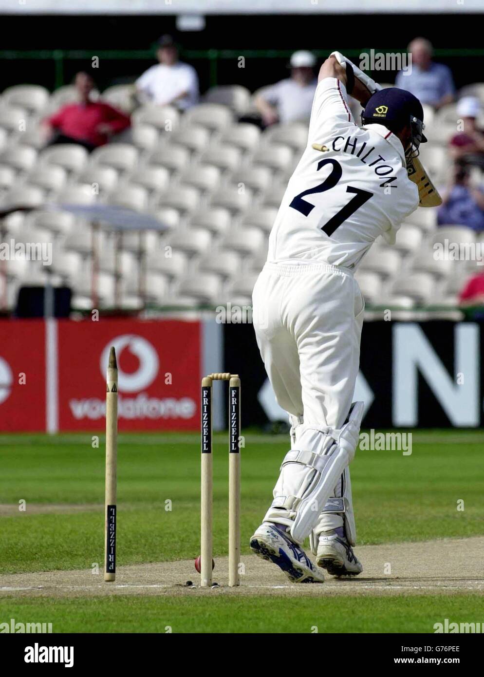 Lancashire batsman's Mark Chilton is clean bowled by Steve Kirby of ...