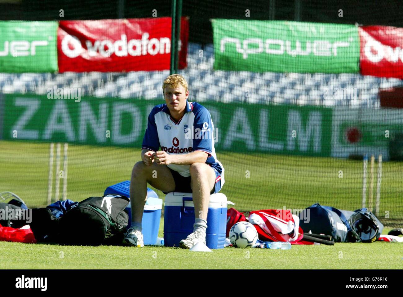 England all-rounder Andrew Flintoff takes a seat as the England cricket ...
