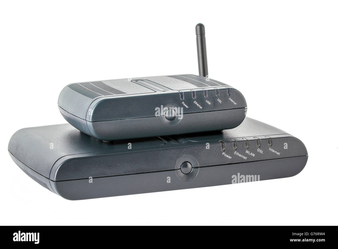 two blacks routers isolated on white background Stock Photo - Alamy