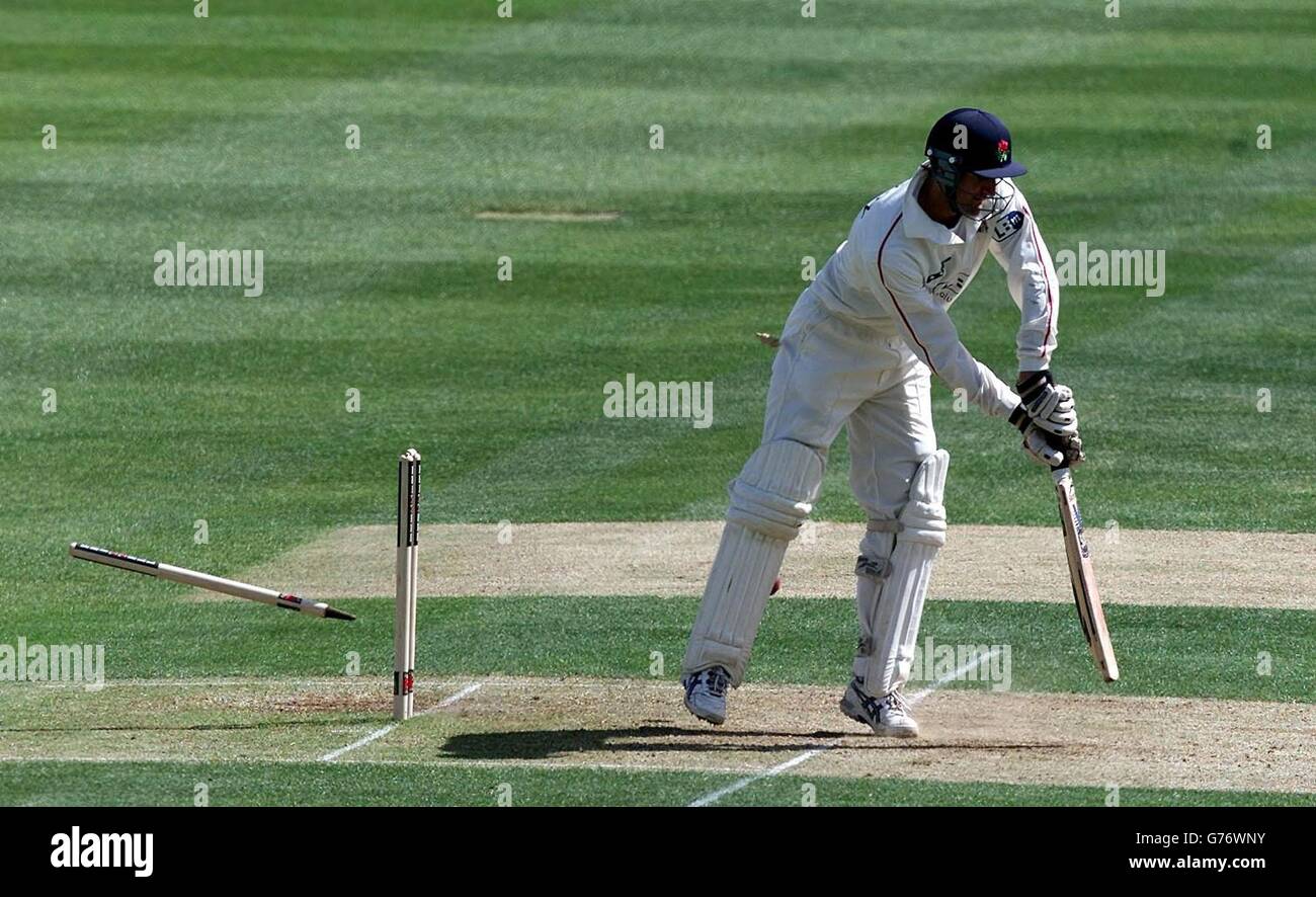 Lancashire's Mark Chilton is bowled by Alan Richardson of Warwickshire ...