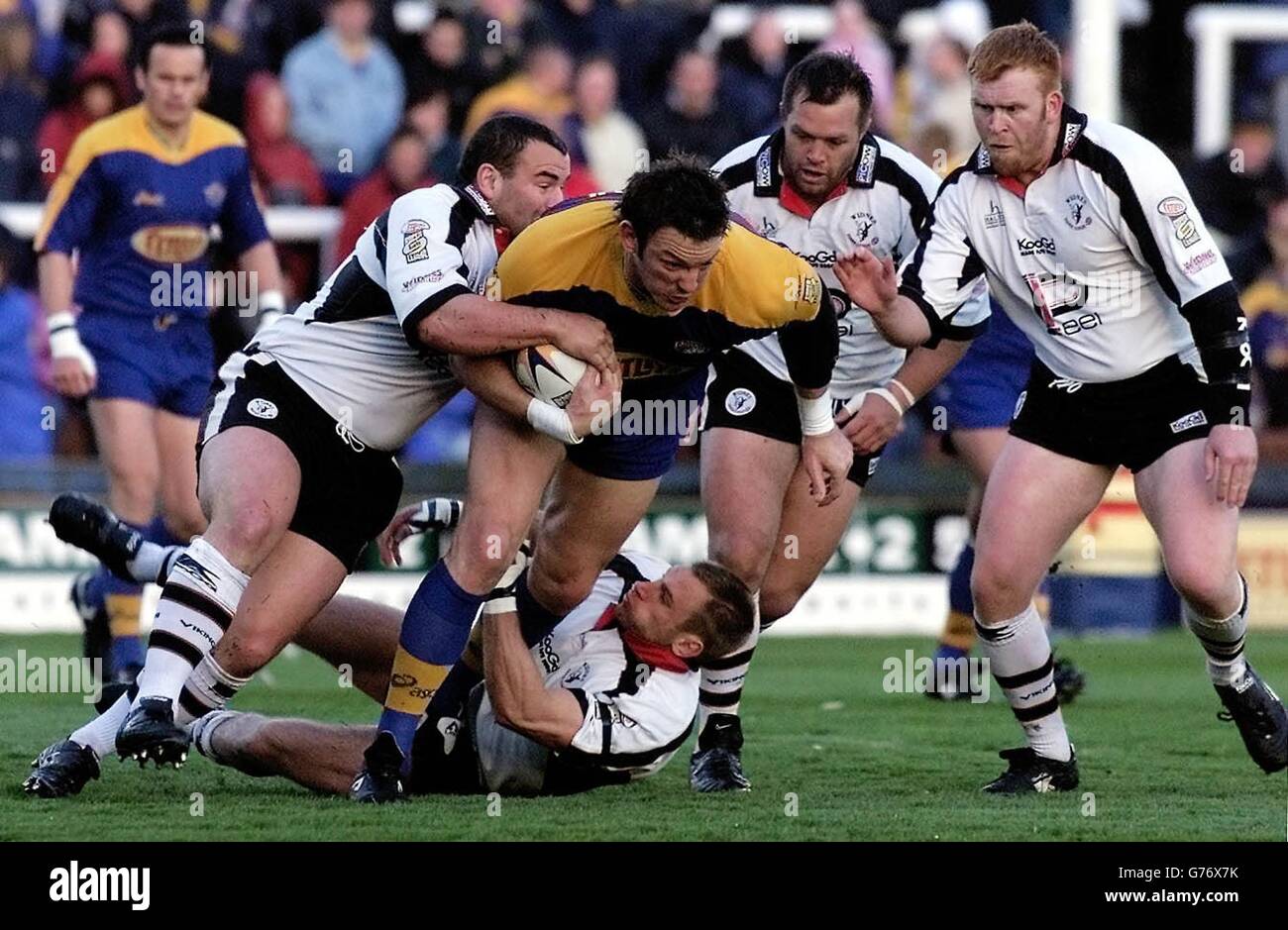 Leeds v Widnes. Leeds's Wayne McDonald breaks through the Widnes line ...
