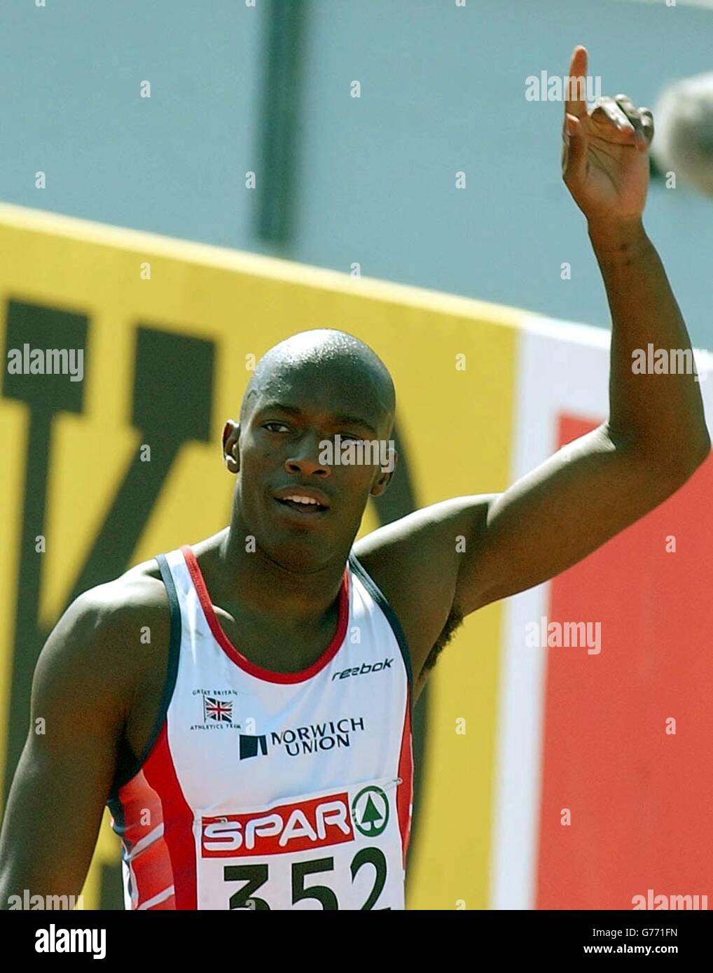 Marlon Devonish celebrates after winning the Mens 200m Race at the ...