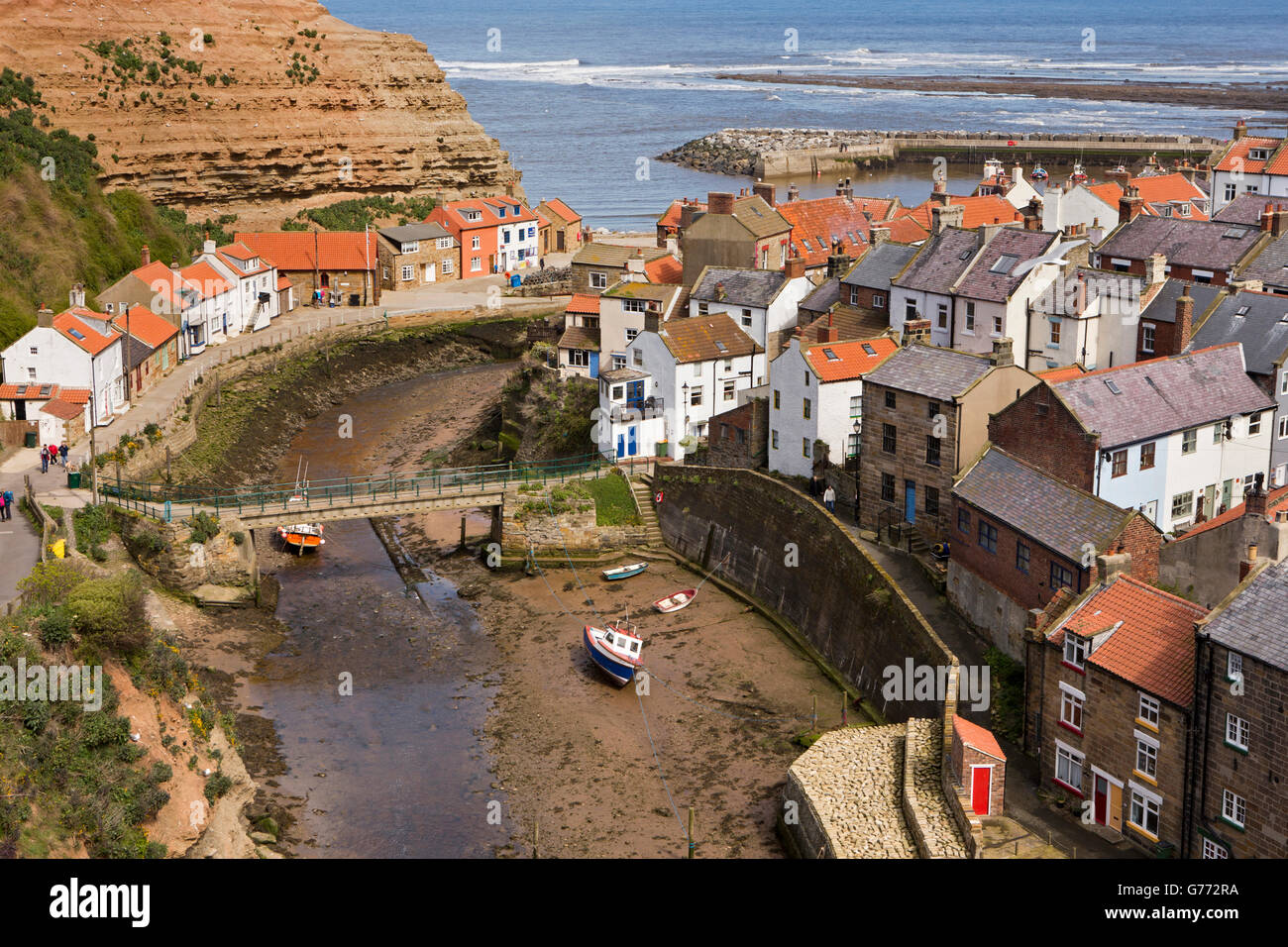 UK, England, Yorkshire, Staithes, elevated view and Staithes Beck from ...