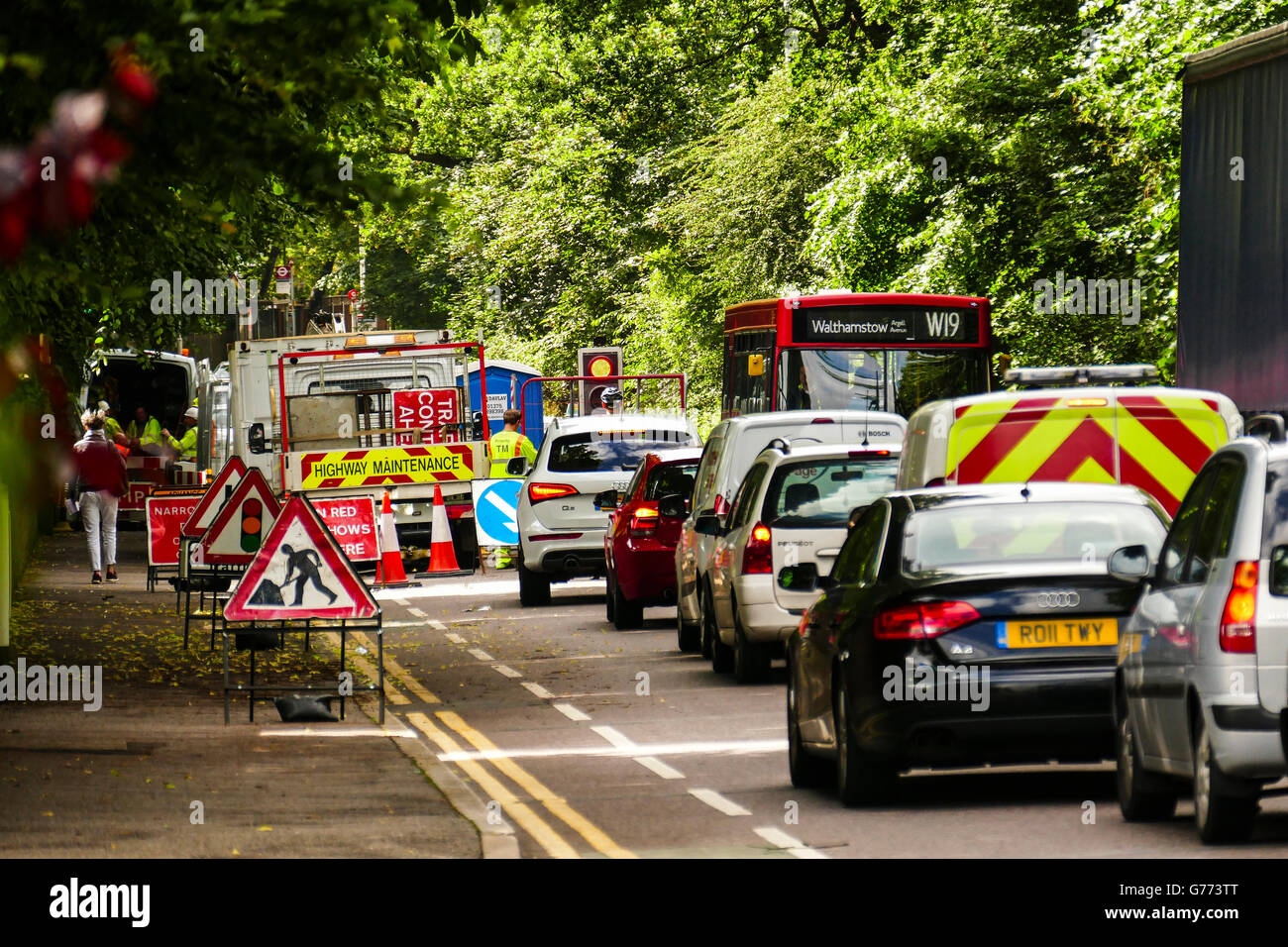 Traffic jam due to temporary traffic lights at roadworks Blake Hall ...