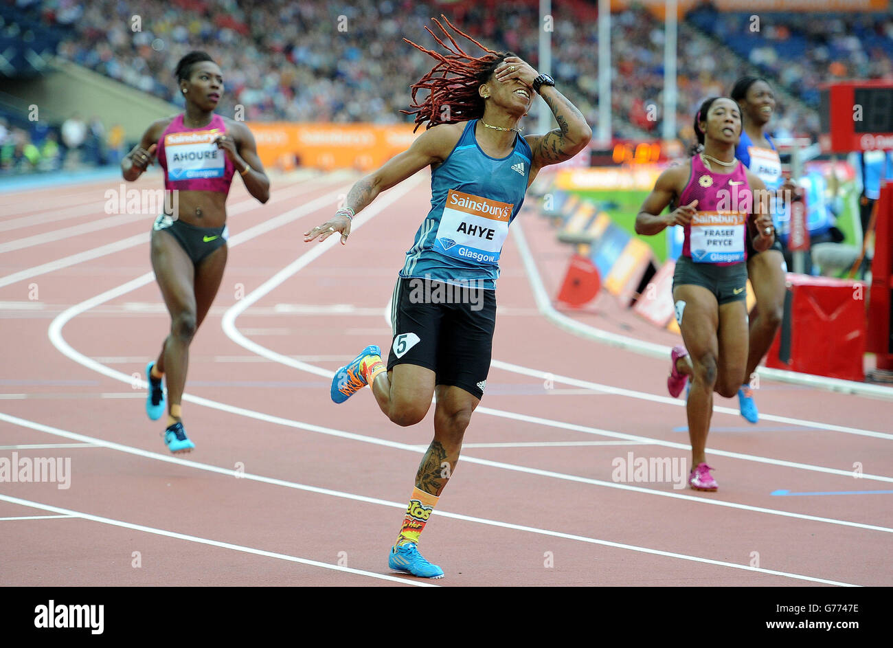 Michelle-Lee Ahye reacts after winning the Women's 100m, during day two ...