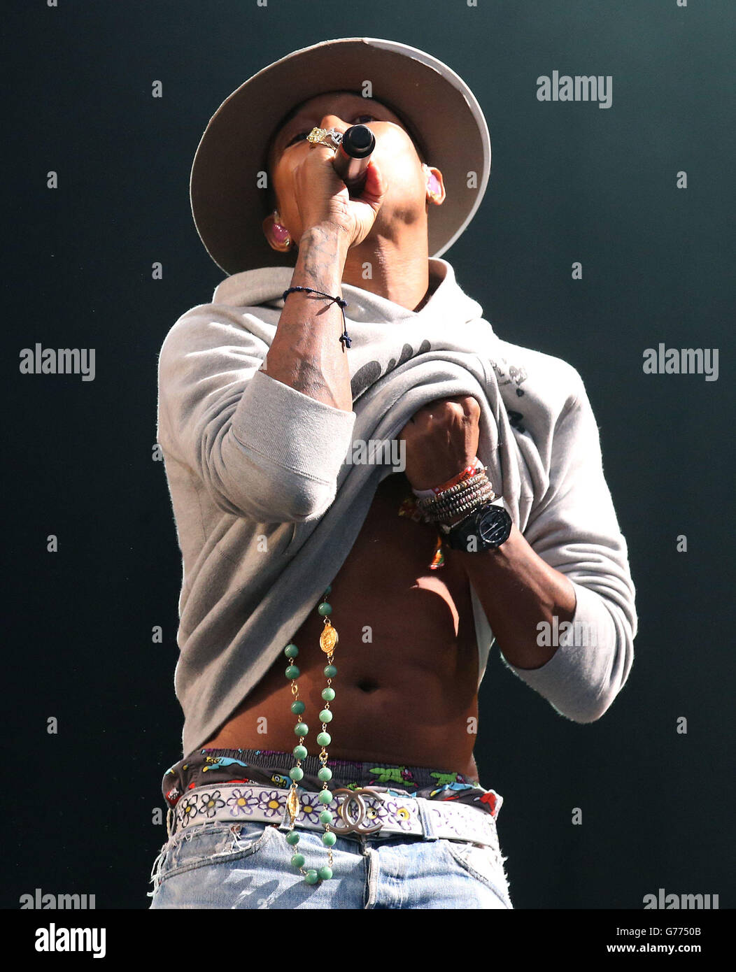 Pharrell Williams performing on the Main Stage at the T in the Park ...