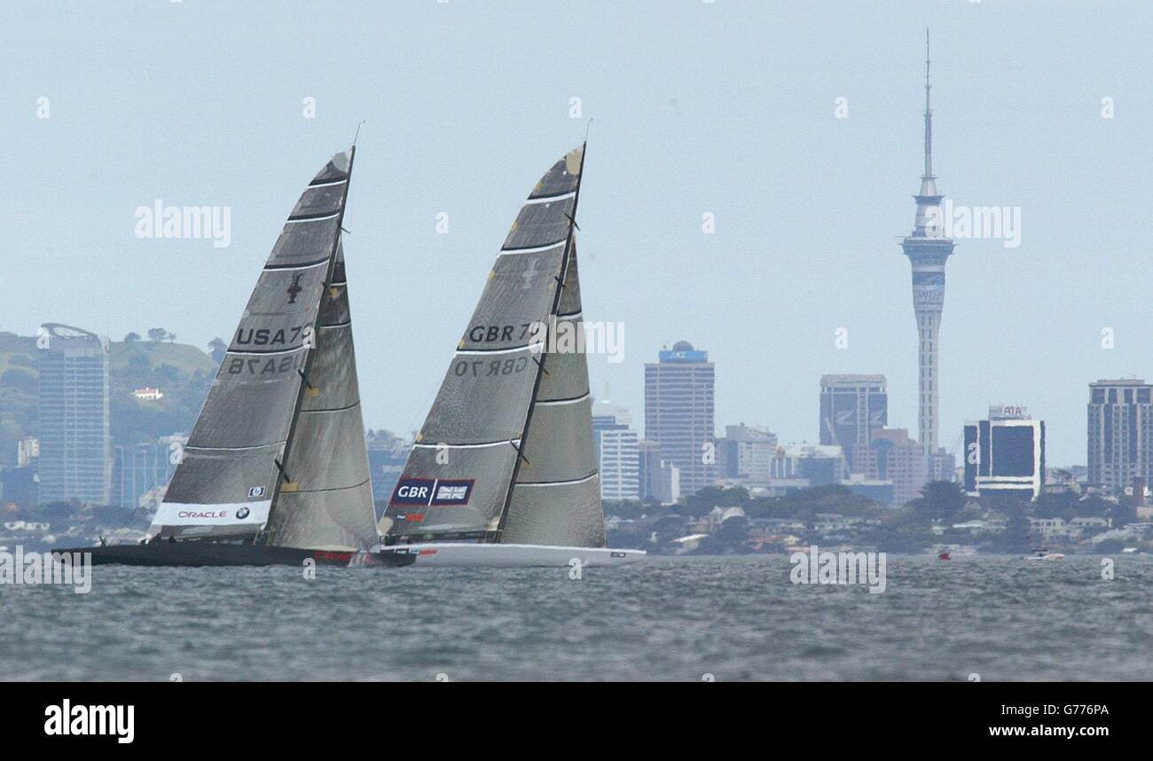 Britain's America's Cup yacht Wight Lightning (right) passes the ...