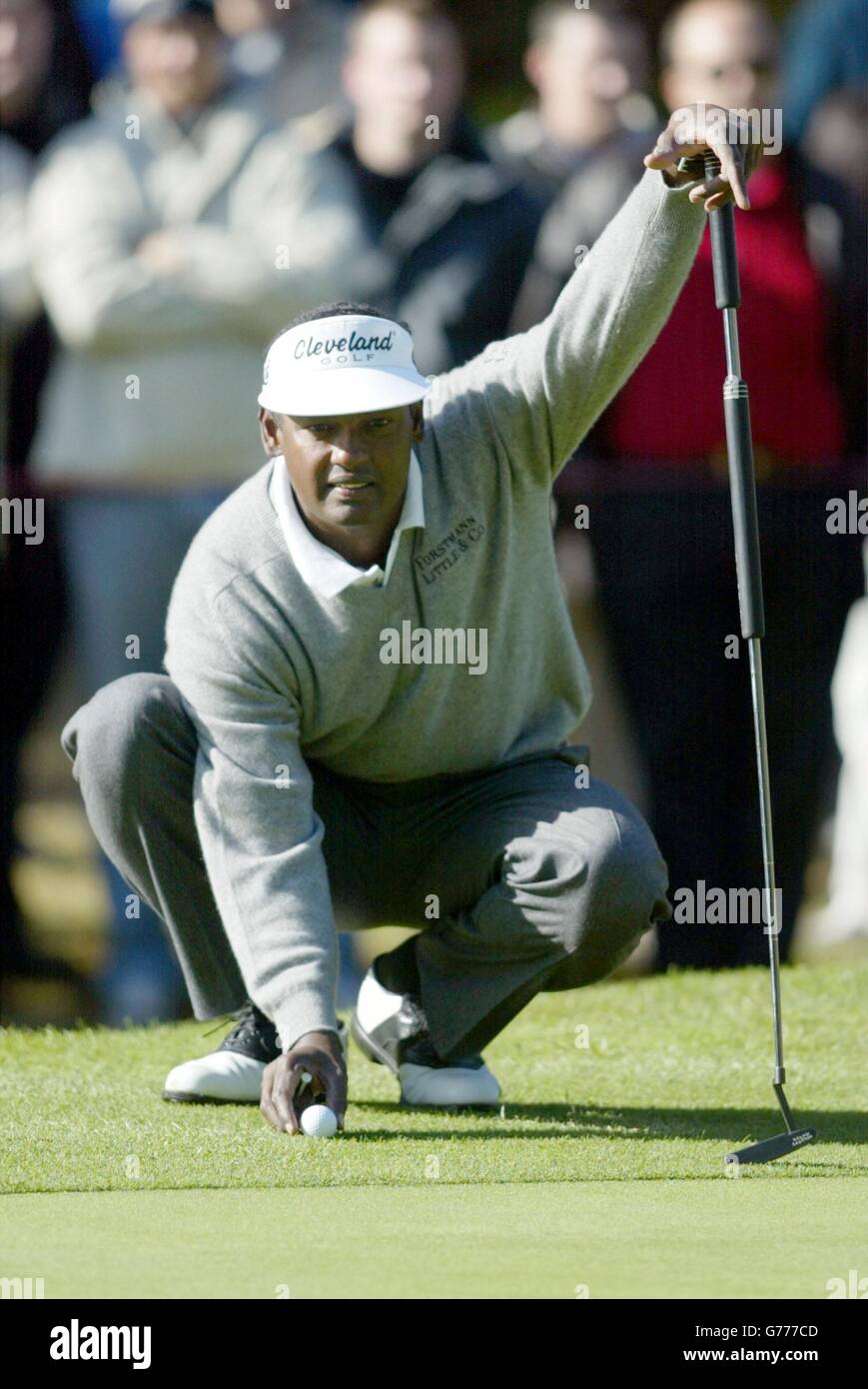 Vijay Singh of Fiji lines up his putt on the 11th green during his semi ...