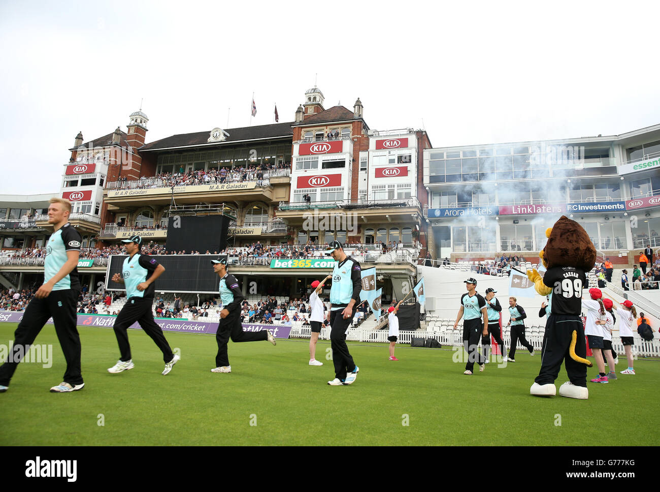 Surrey mascot Caesar the Lion with match day mascots on the pitch as ...