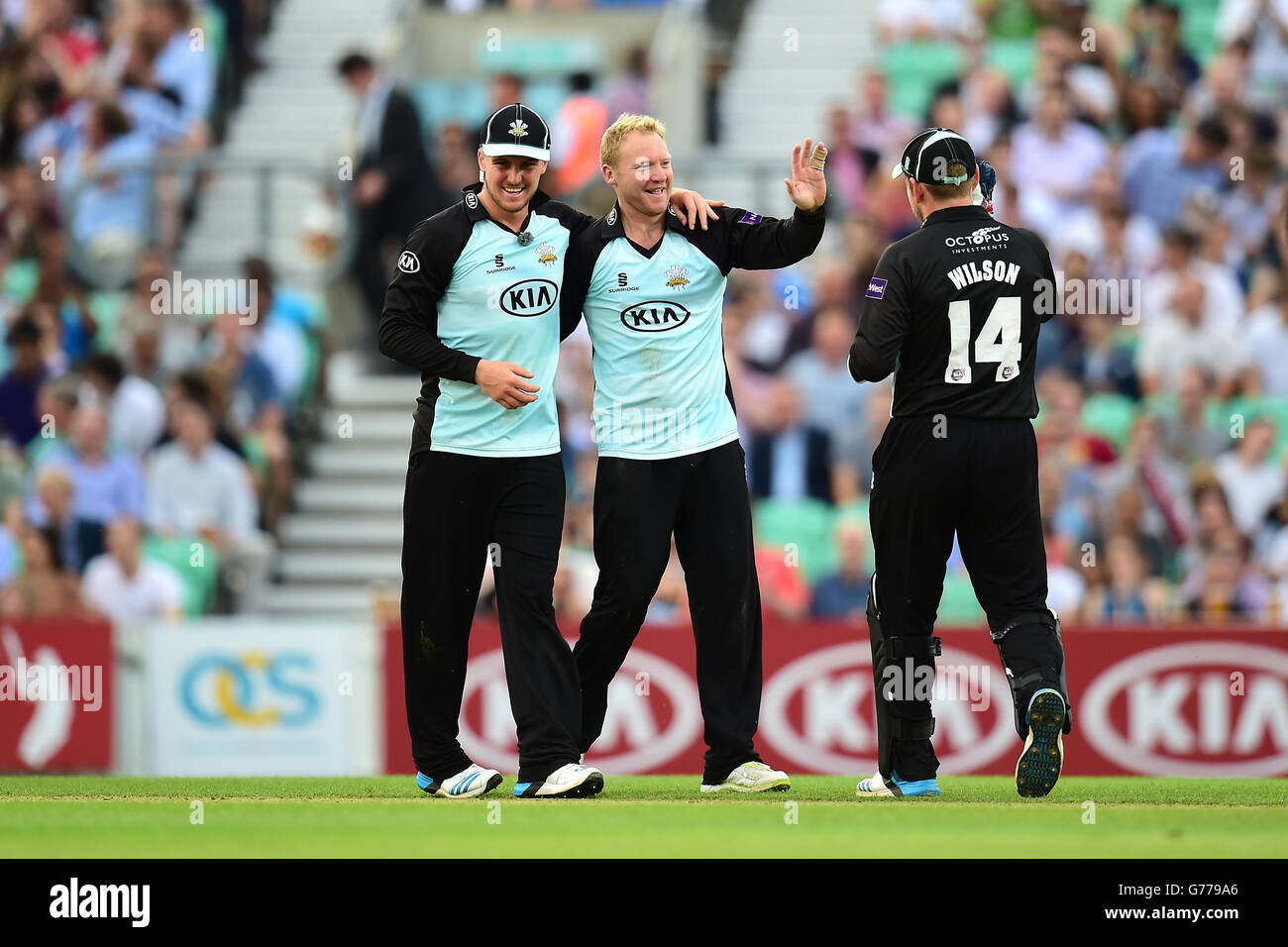 L-R: Surrey's Jason Roy, Gareth Batty and Gary Wilson celebrate Stock ...